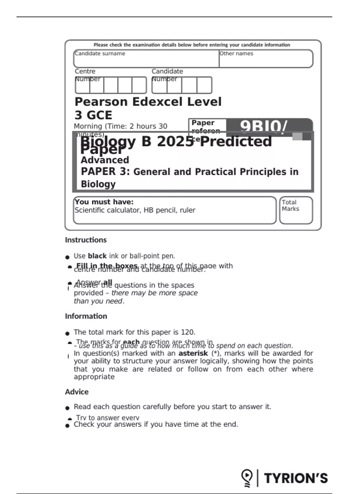 Edexcel AL Biology B Question Paper 3 2025 Predicted - GCSE and A Level ...