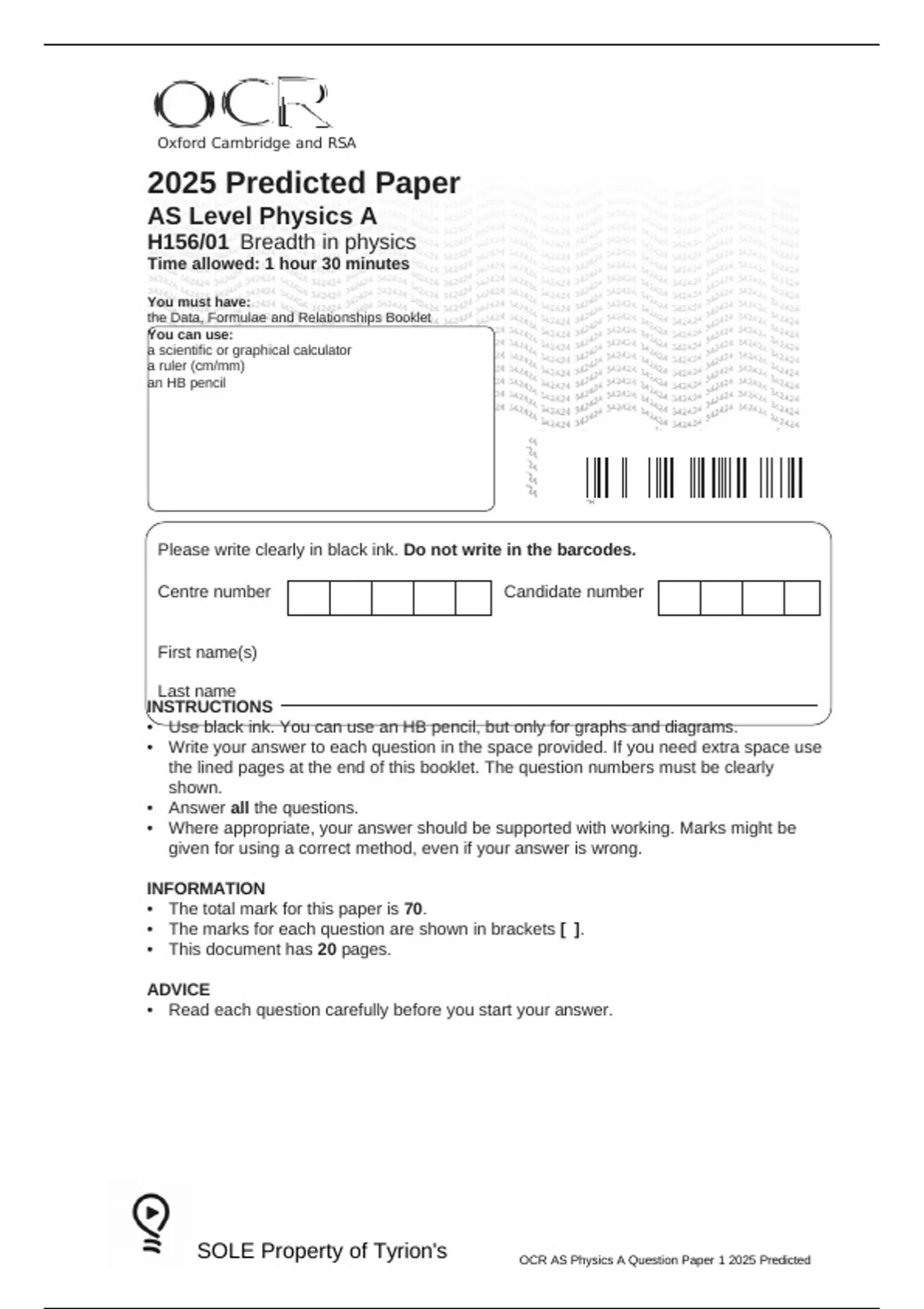 OCR AS Physics A Question Paper 1 2025 Predicted - GCSE and A Level - Stuvia UK