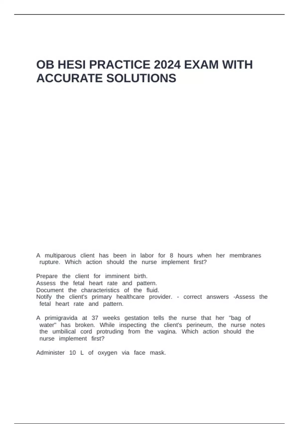 OB HESI PRACTICE 2024 EXAM WITH ACCURATE SOLUTIONS - OB HESI V2 - Stuvia US