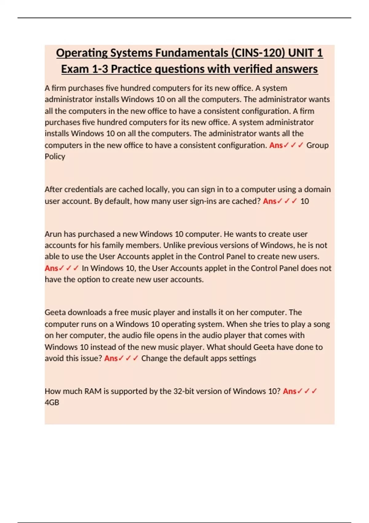 Operating Systems Fundamentals (CINS-120) UNIT 1 Exam 1-3 Practice questions with verified ...
