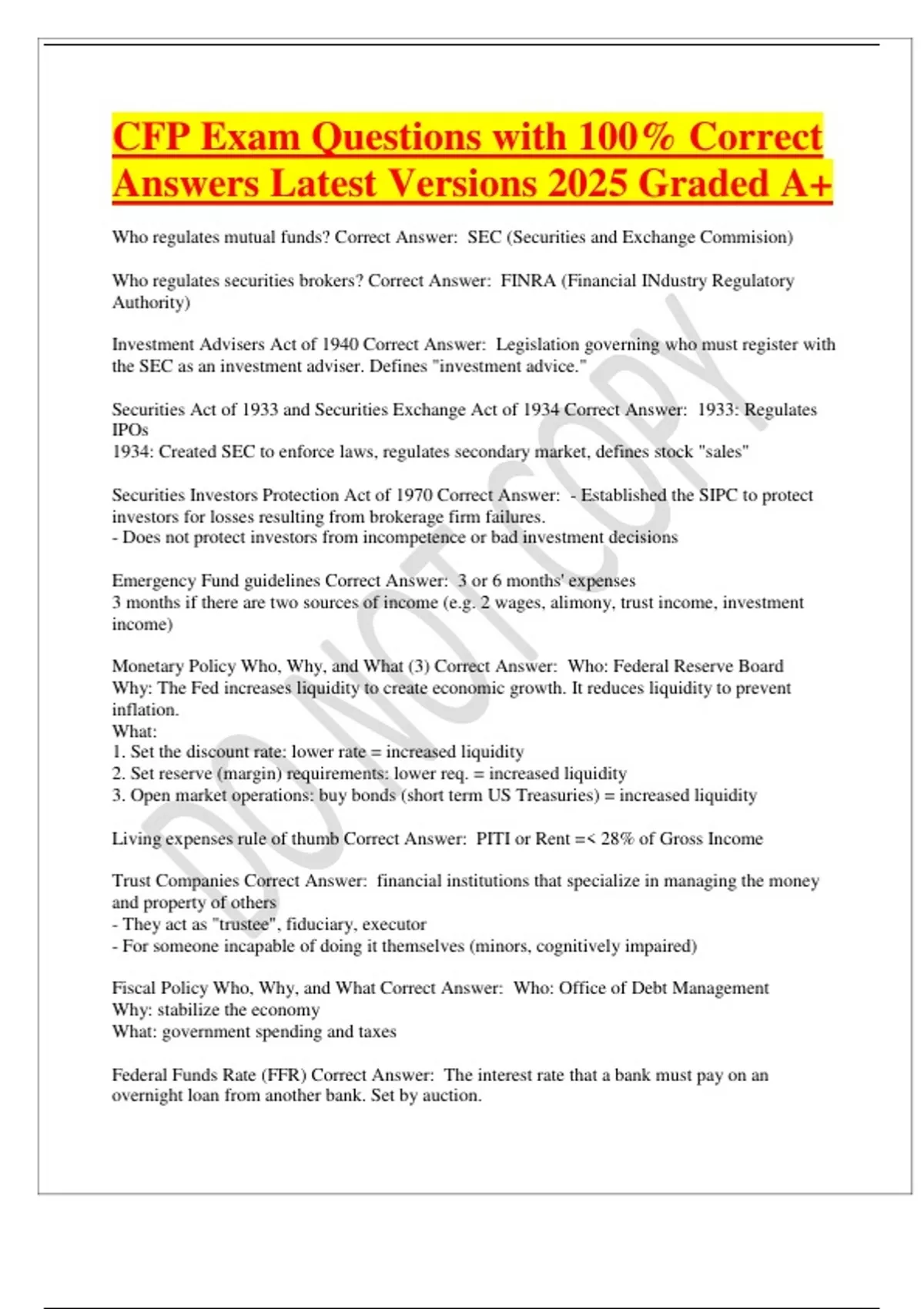 CFP Exam Questions with 100% Correct Answers Latest Versions 2025 ...