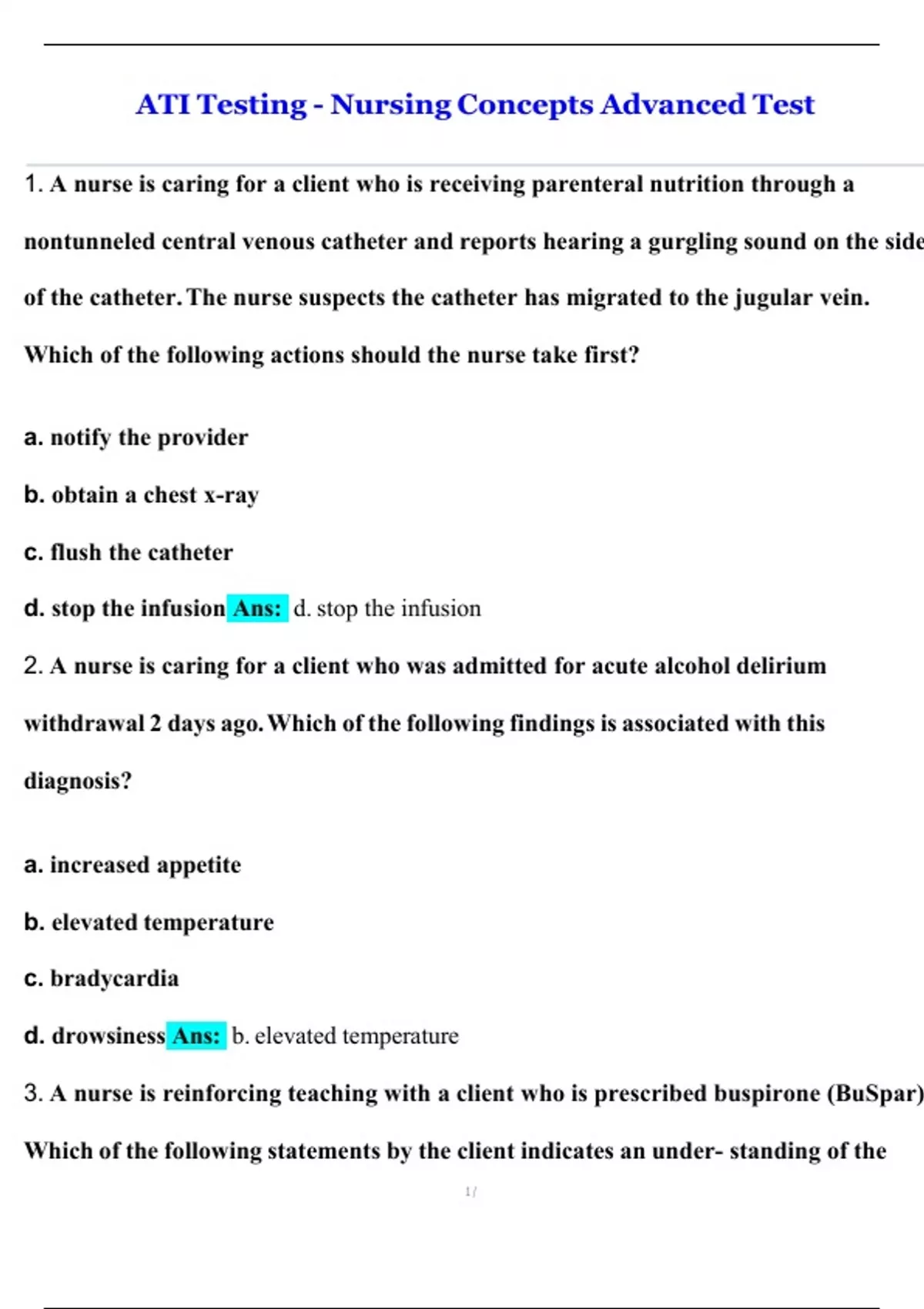ATI Testing Nursing Concepts Advanced Test Questions With All Correct ...
