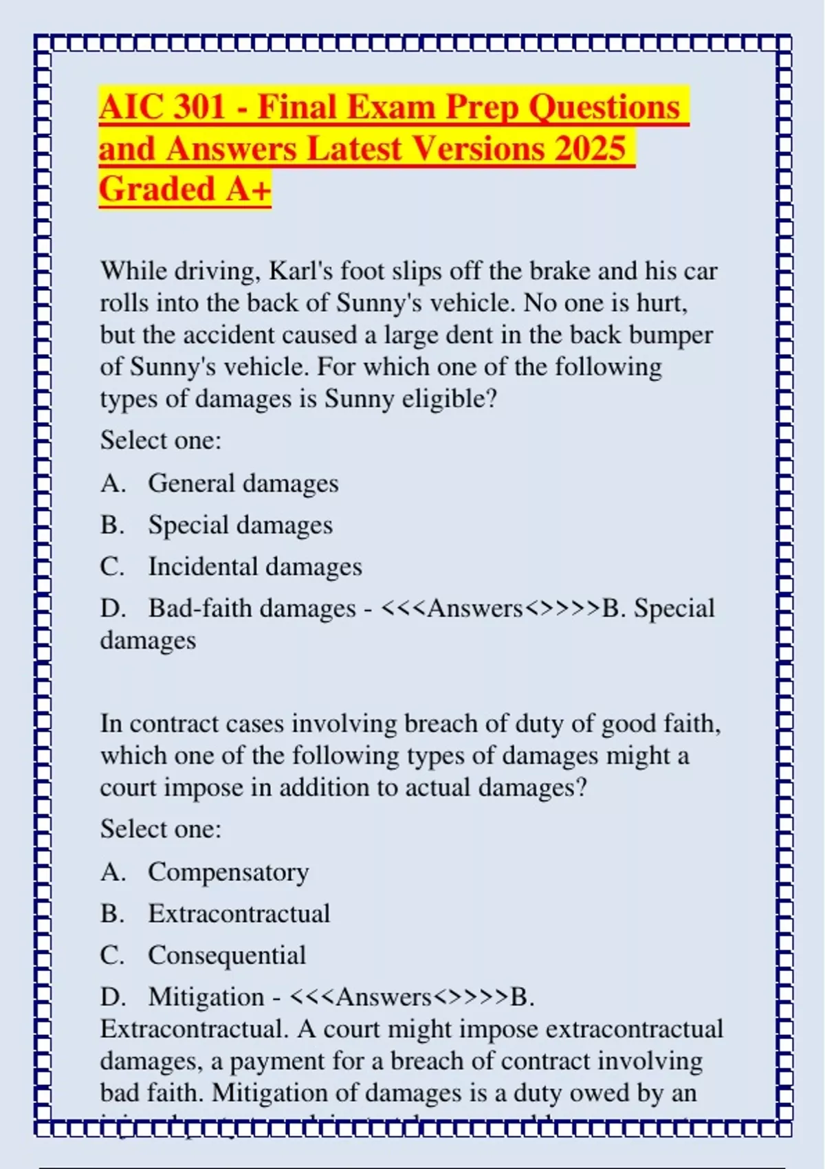 AIC 301 - Final Exam Prep Questions and Answers Latest Versions 2025 ...