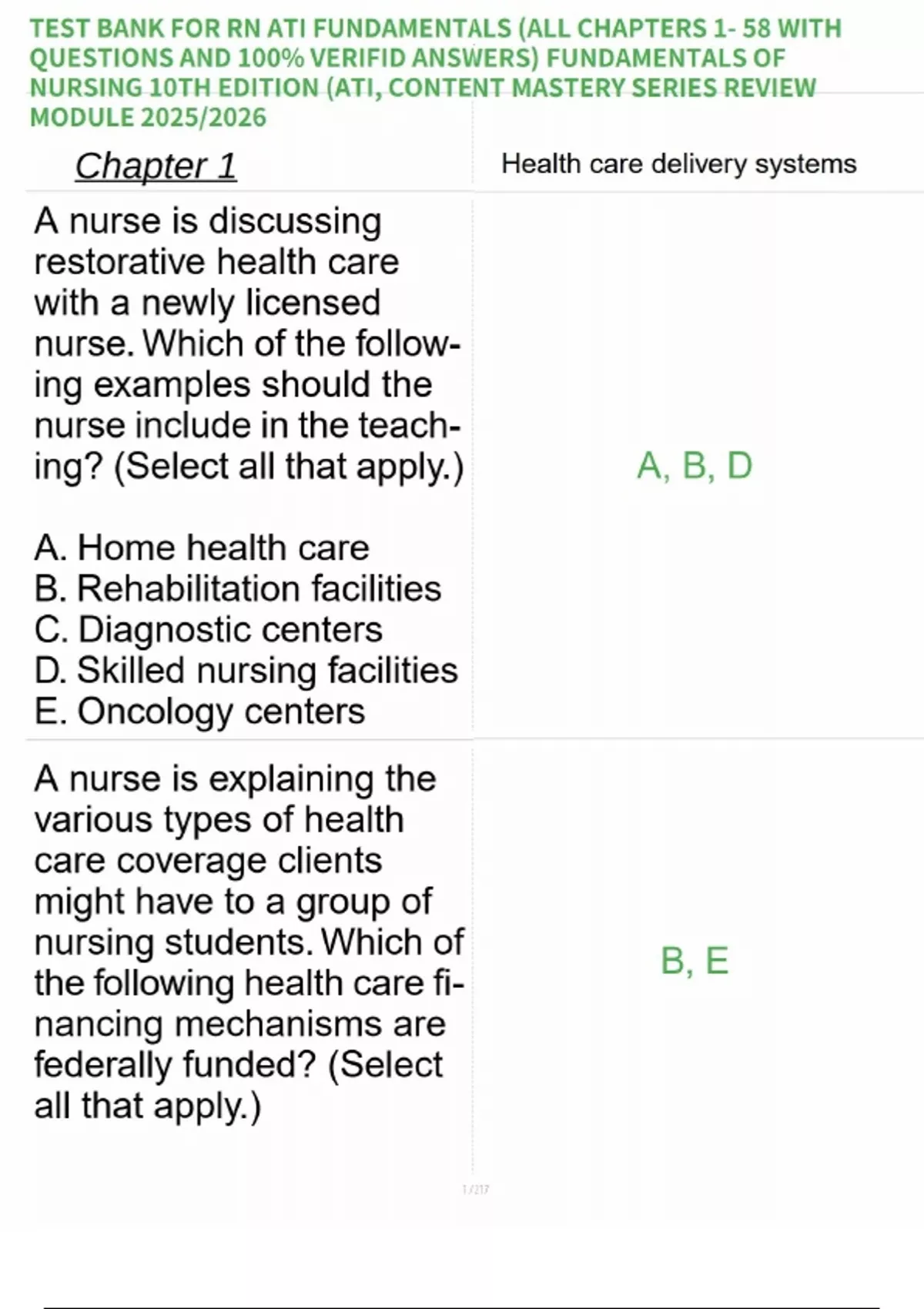 TEST BANK FOR RN ATI FUNDAMENTALS (ALL CHAPTERS 1- 58 WITH QUESTIONS ...