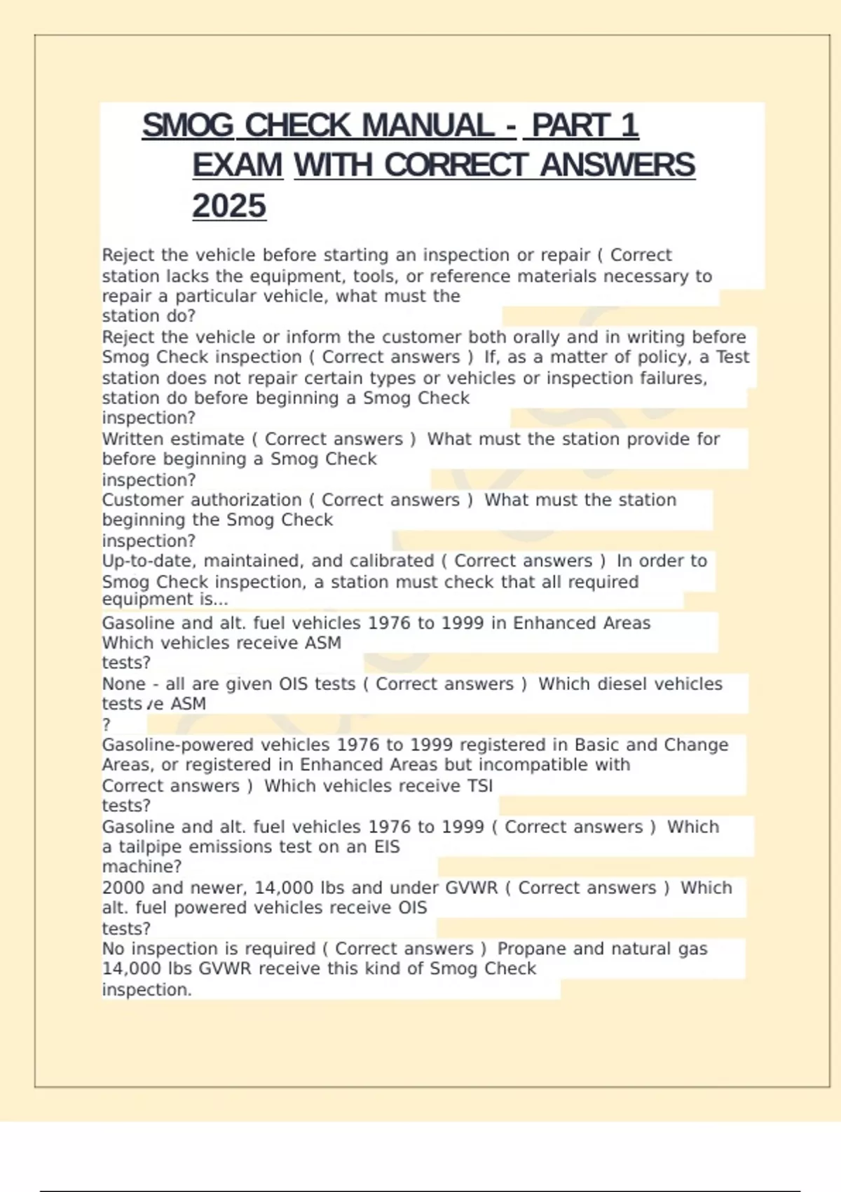 SMOG CHECK MANUAL - PART 1 EXAM WITH CORRECT ANSWERS 2025 - SMOG CHECK ...