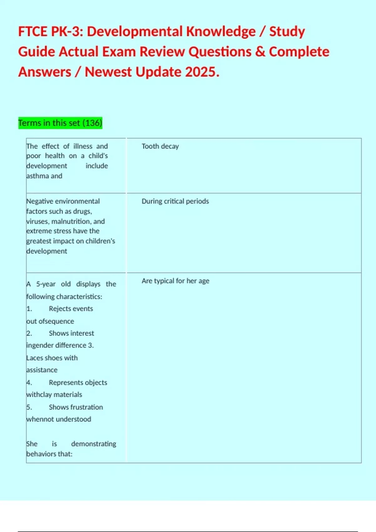 FTCE PK-3: Developmental Knowledge / Study Guide Actual Exam Review ...