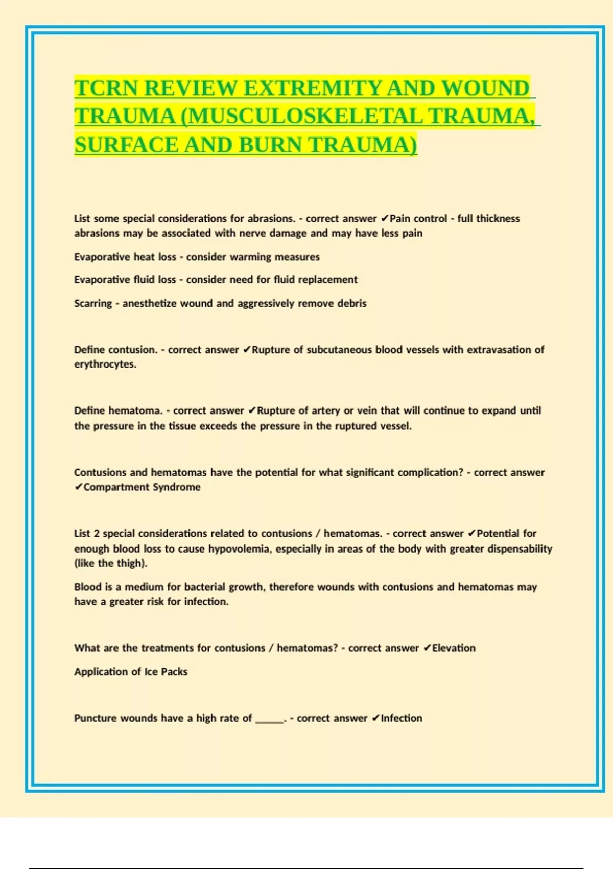 TCRN REVIEW EXTREMITY AND WOUND TRAUMA (MUSCULOSKELETAL TRAUMA, SURFACE ...