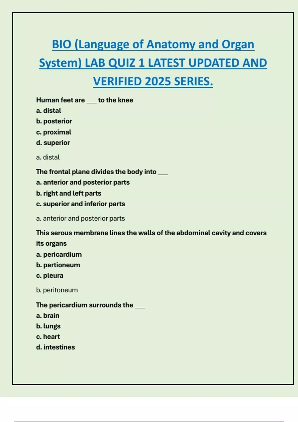 BIO Lab Quiz 1: Language of Anatomy and Organ Systems | Verified 2025 ...