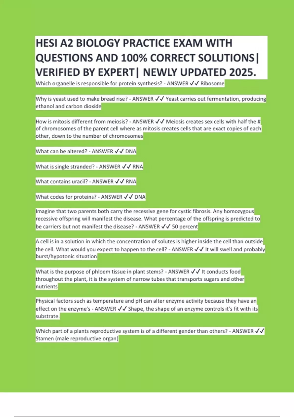 HESI A2 BIOLOGY PRACTICE EXAM WITH QUESTIONS AND 100% CORRECT SOLUTIONS ...