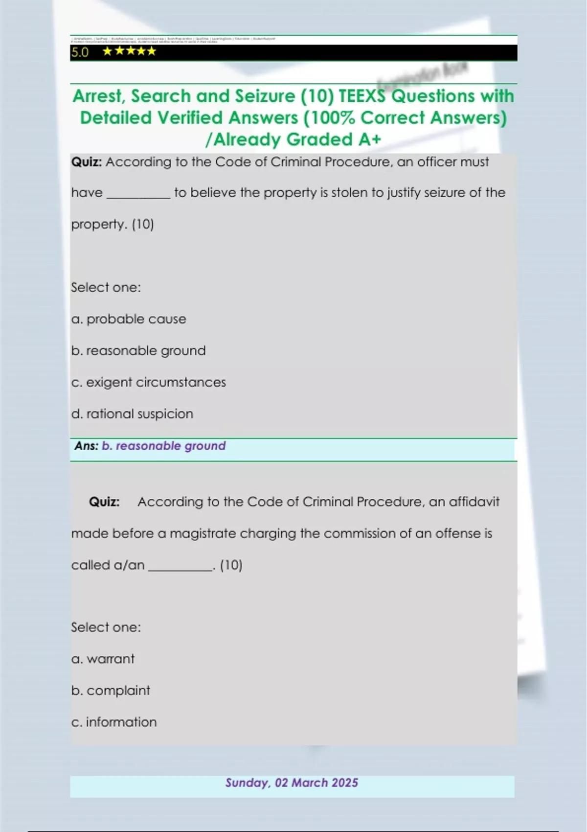 Arrest, Search and Seizure (10) TEEXS Questions with Detailed Verified Answers (100% Correct ...