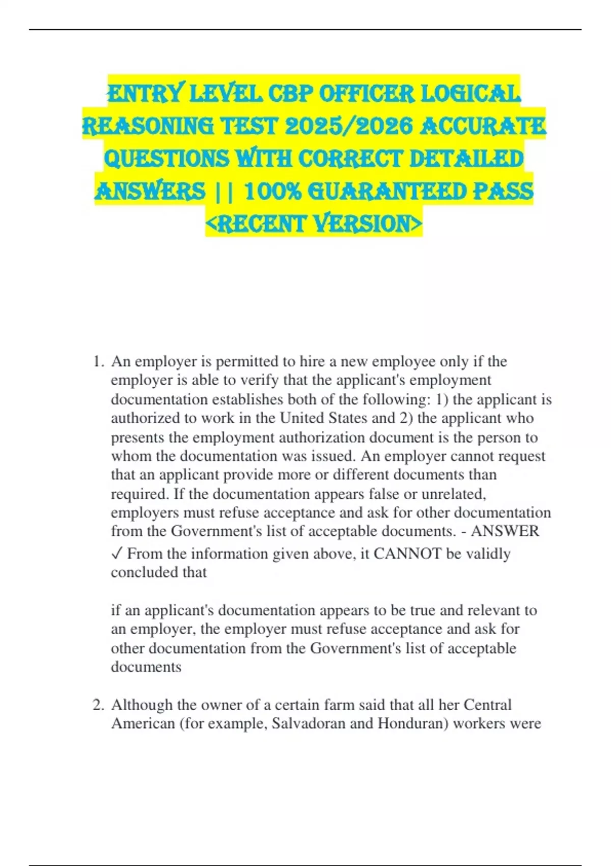 Entry Level CBP Officer Logical Reasoning Test 2025/2026 ACCURATE ...
