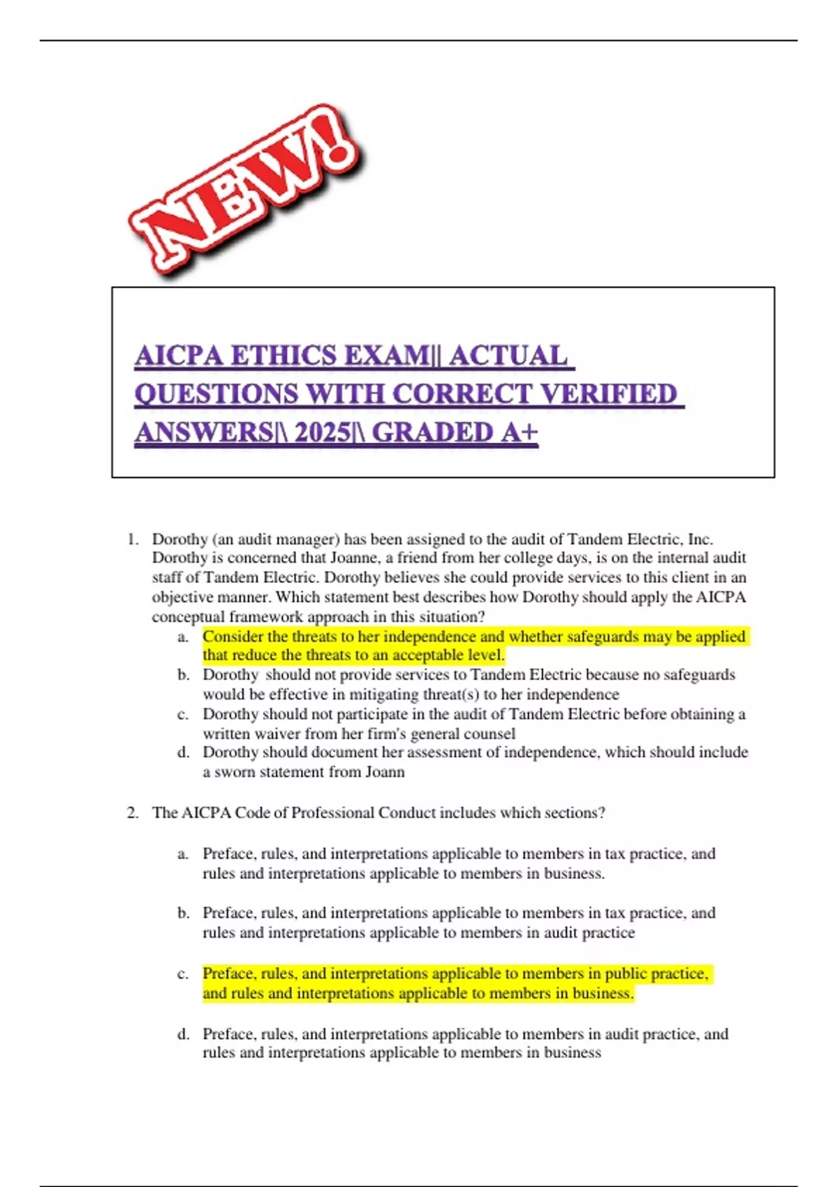 AICPA ETHICS EXAM|| ACTUAL QUESTIONS WITH CORRECT VERIFIED ANSWERS| 2025| GRADED A+ - Aicpa ...