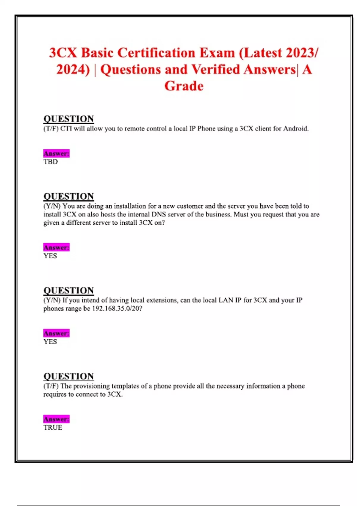 3CX Basic Certification Exam Questions and Verified Answers | 100% ...