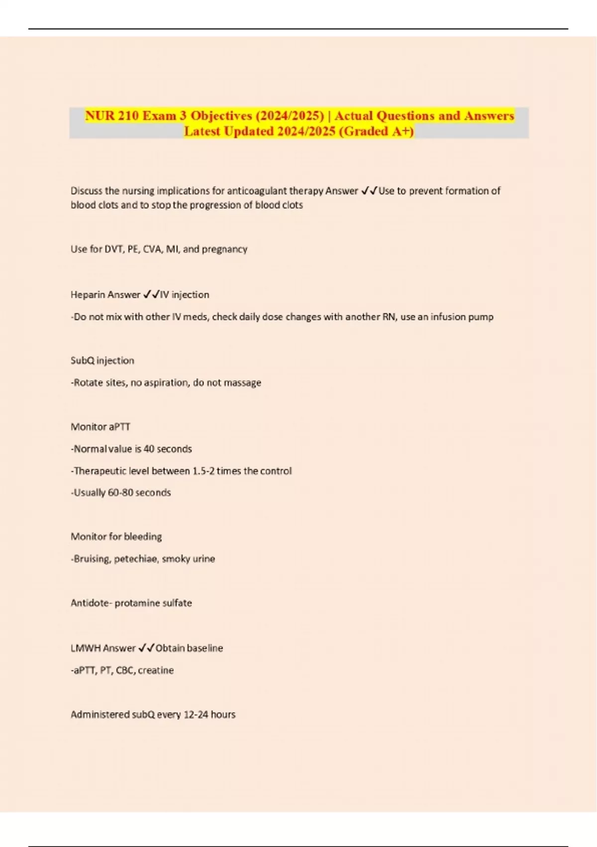 NUR 210 Exam 3 Objectives (2024/2025) | Actual Questions and Answers ...
