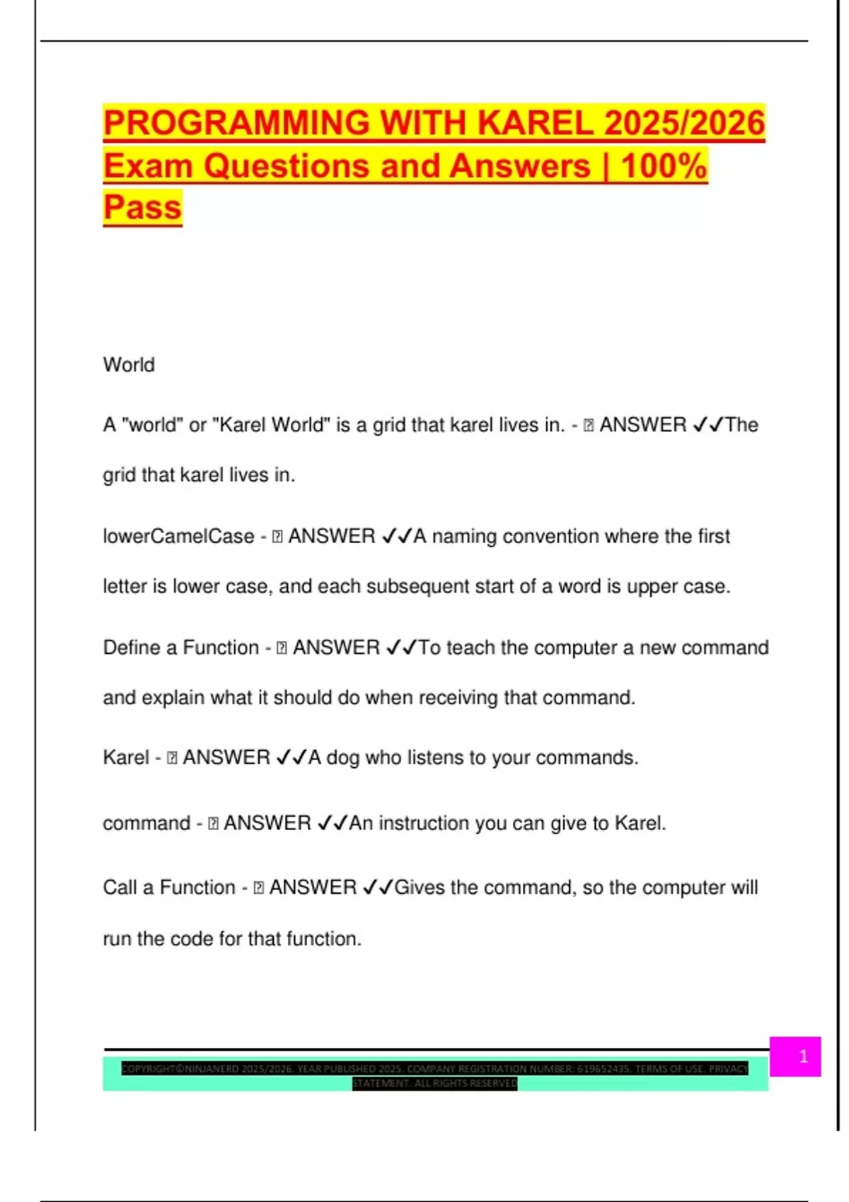 PROGRAMMING WITH KAREL 2025/2026 Exam Questions and Answers | 100% Pass - PROGRAMMING WITH KAREL ...