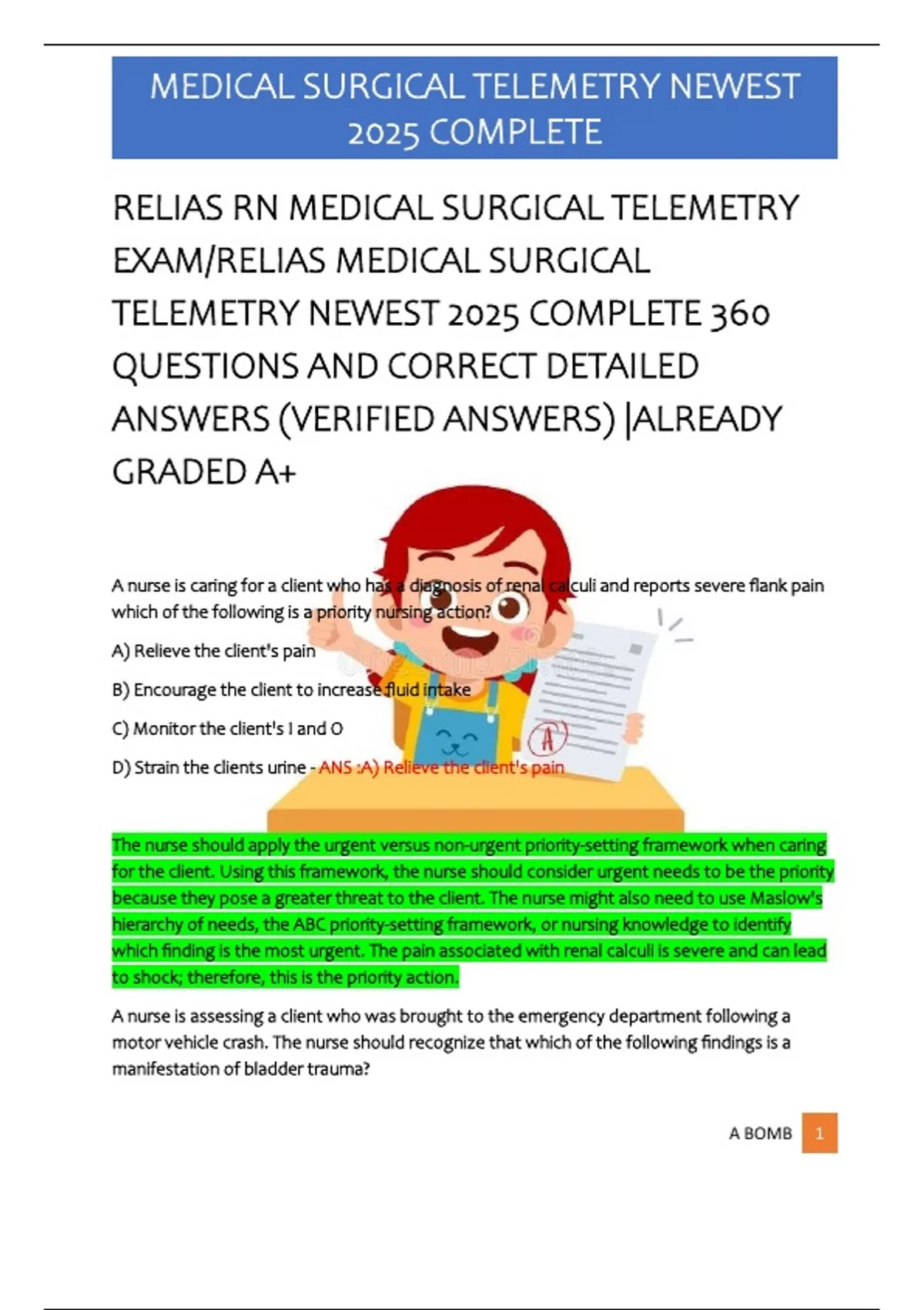 RELIAS RN MEDICAL SURGICAL TELEMETRY EXAM/RELIAS MEDICAL SURGICAL ...