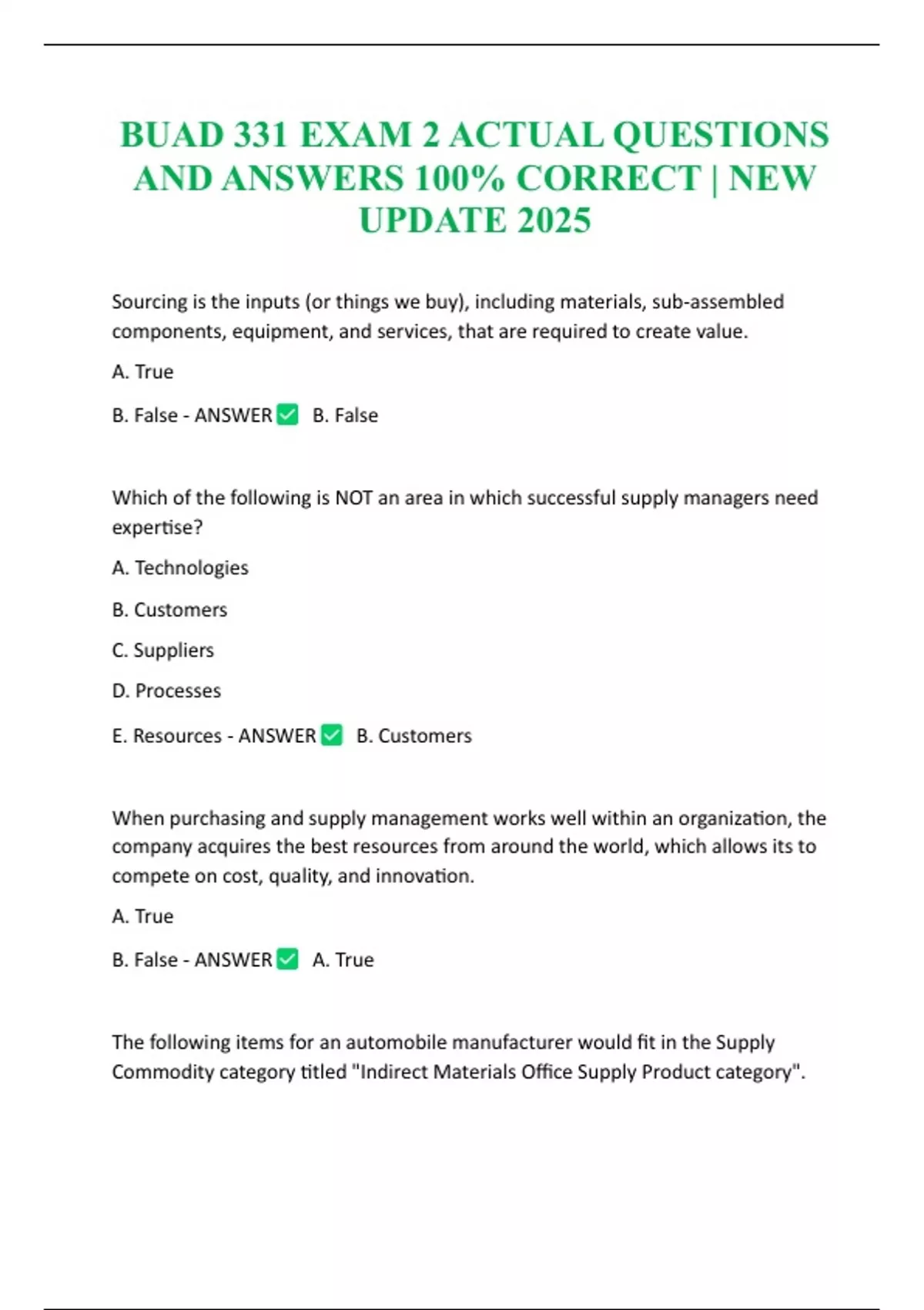 Buad 331 Exam 2 Actual Questions And Answers 100 Correct New Update