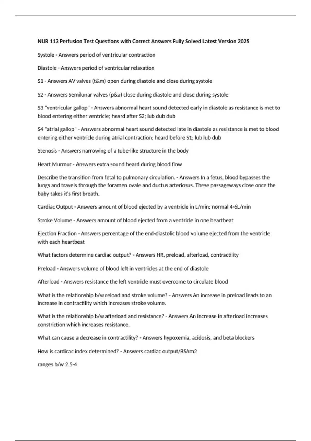 NUR 113 Perfusion Test Questions with Correct Answers Fully Solved ...