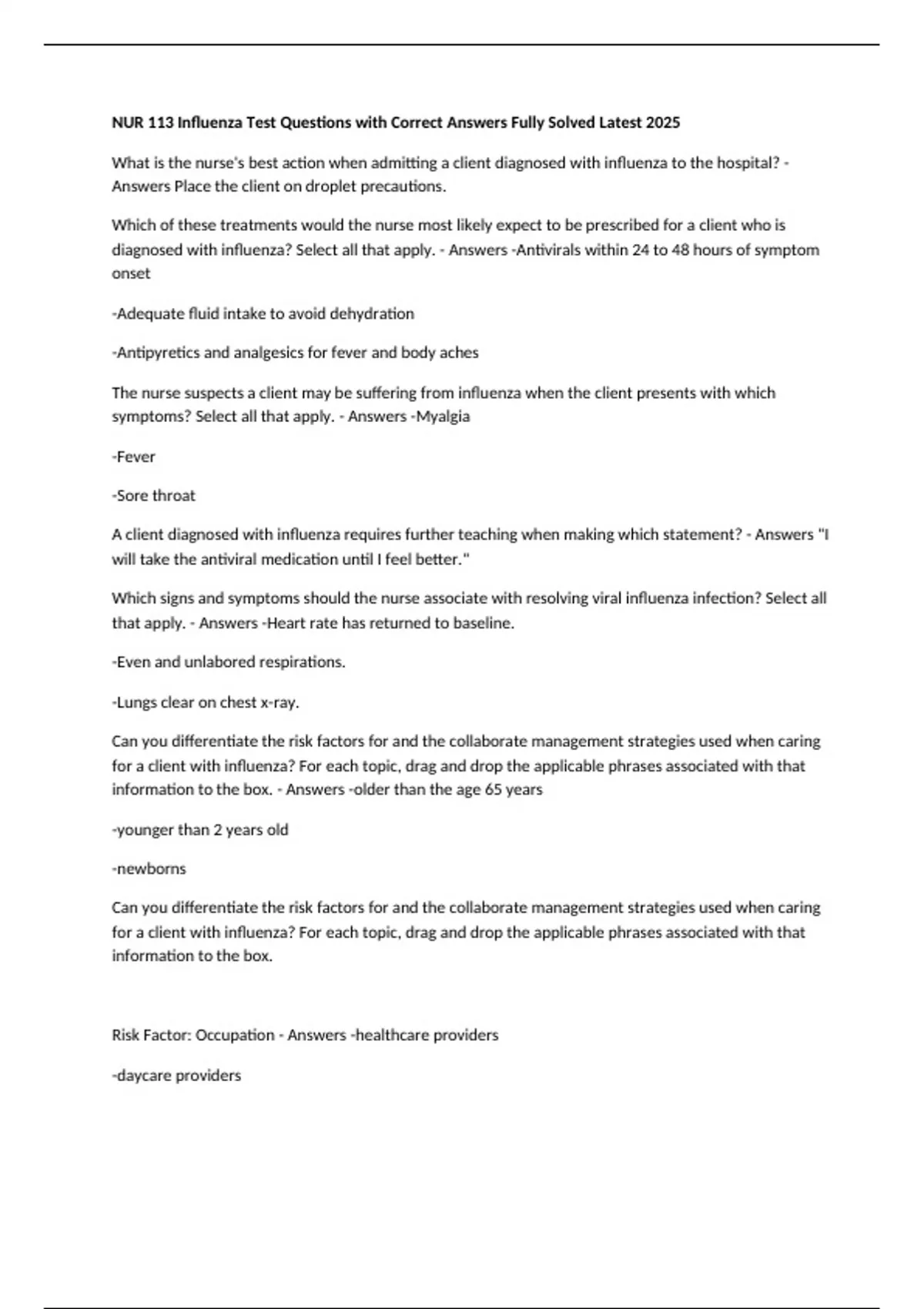 NUR 113 Influenza Test Questions with Correct Answers Fully Solved ...