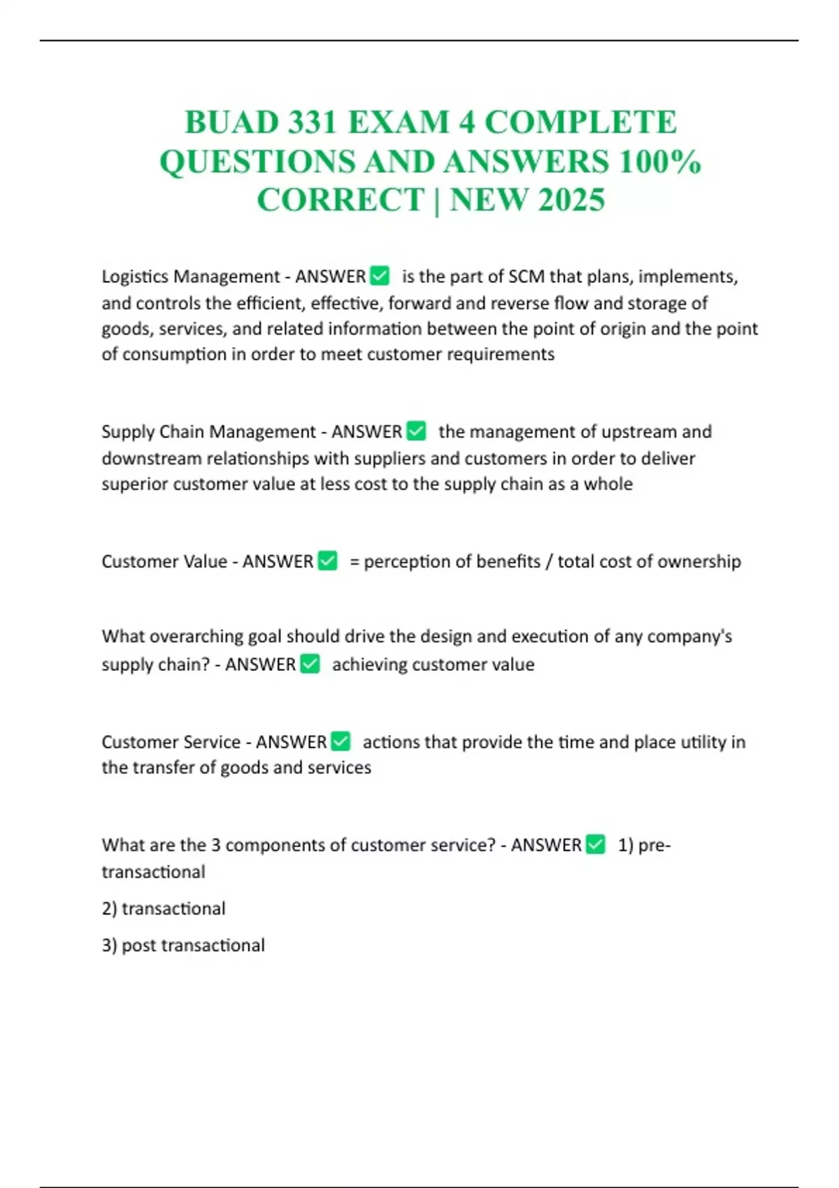 BUAD 331 EXAM 4 COMPLETE QUESTIONS AND ANSWERS 100% CORRECT | NEW 2025 ...
