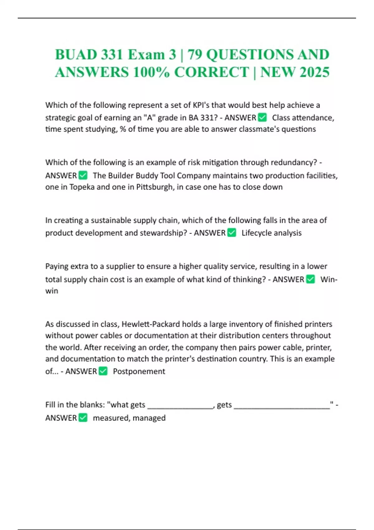 BUAD 331 Exam 3 | 79 QUESTIONS AND ANSWERS 100% CORRECT | NEW 2025 ...