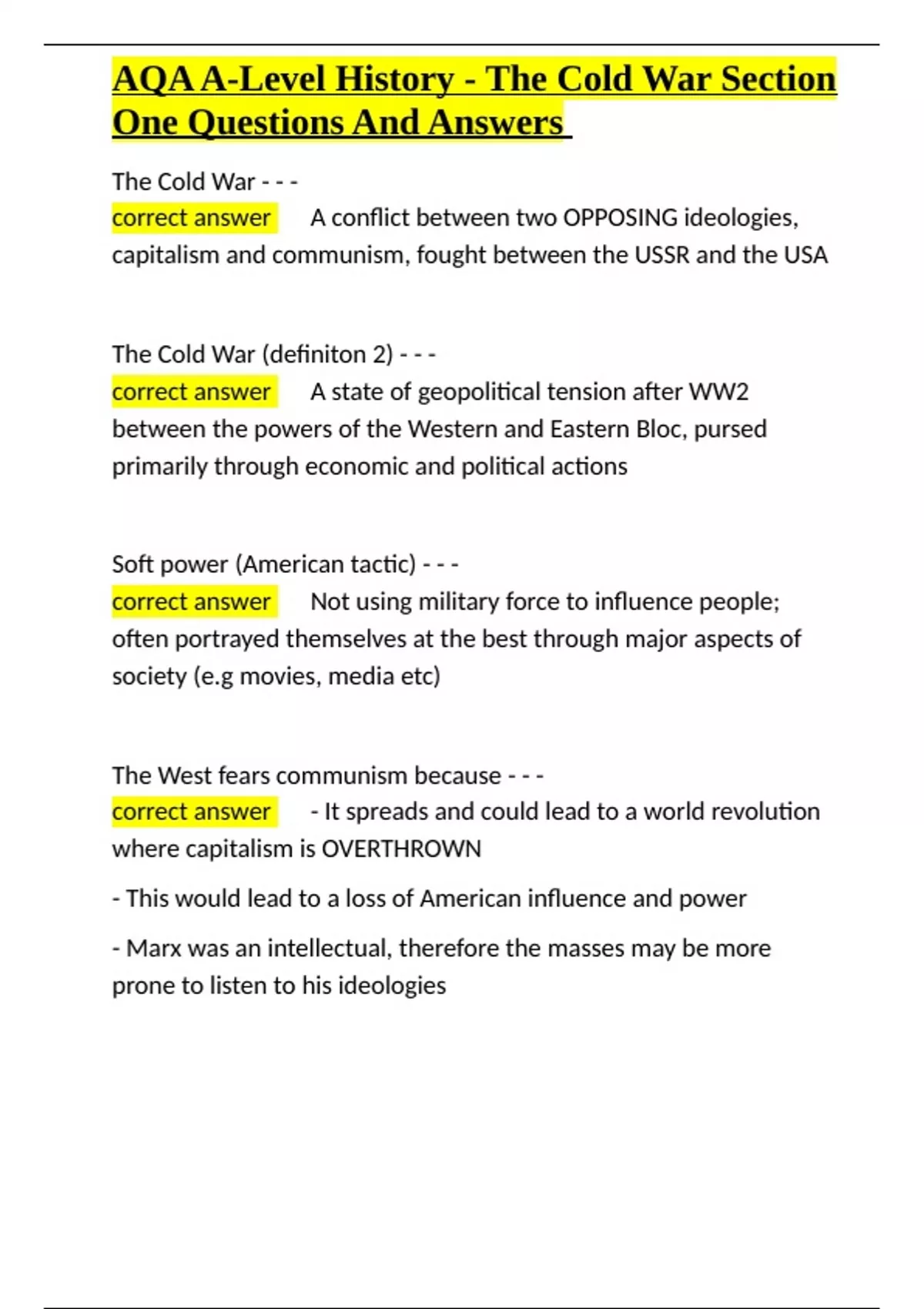AQA A-Level History - The Cold War Section One Questions And Answers ...