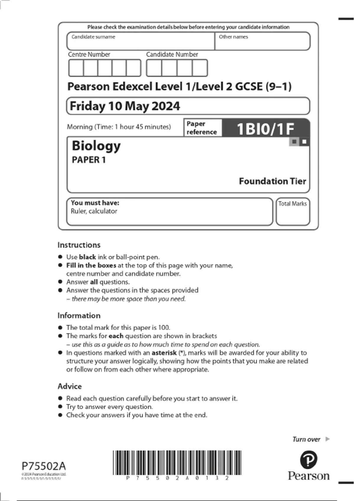 2024 GCSE Pearson Edexcel Level 1/Level 2 GCSE (9–1) Biology PAPER 1 ...