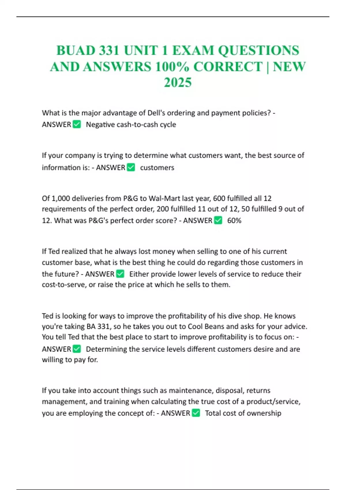 BUAD 331 UNIT 1 EXAM QUESTIONS AND ANSWERS 100% CORRECT | NEW 2025 ...