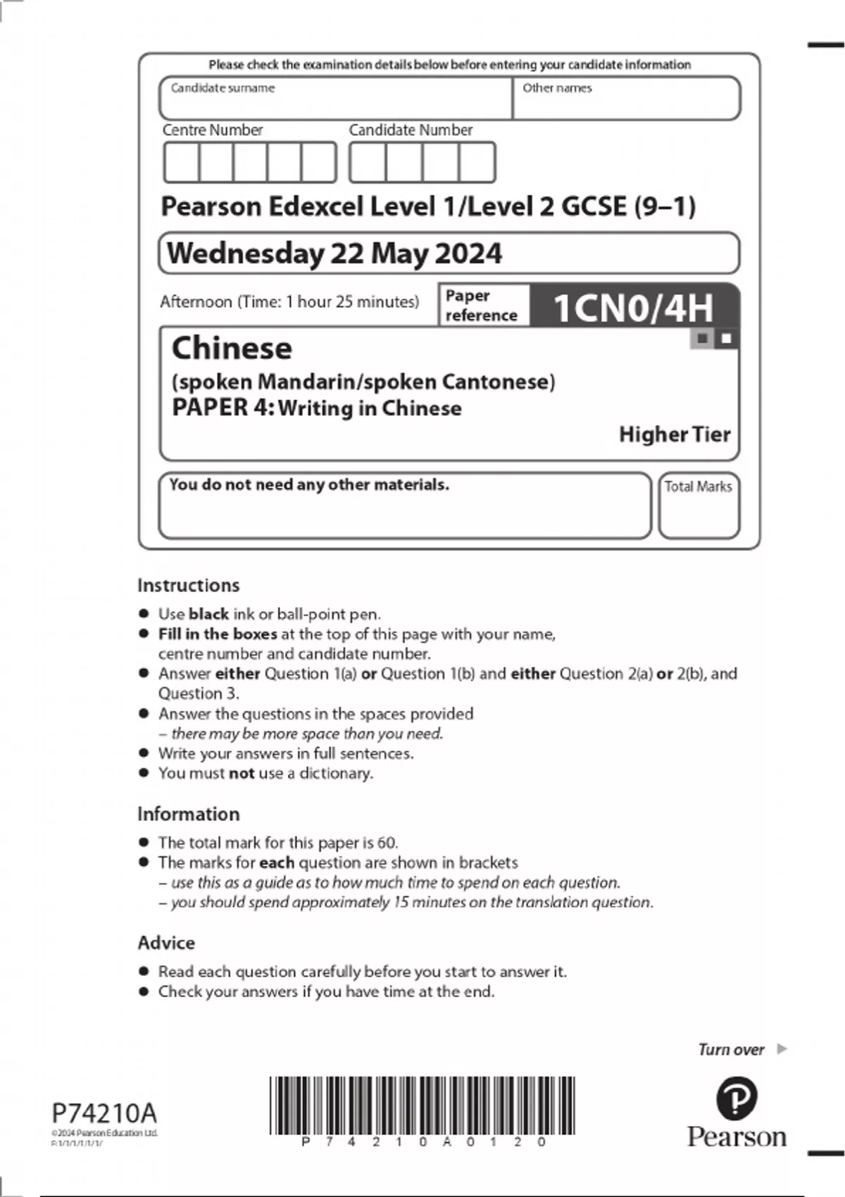 2024 GCSE Pearson Edexcel Level 1/Level 2 GCSE (9–1) Chinese (spoken ...