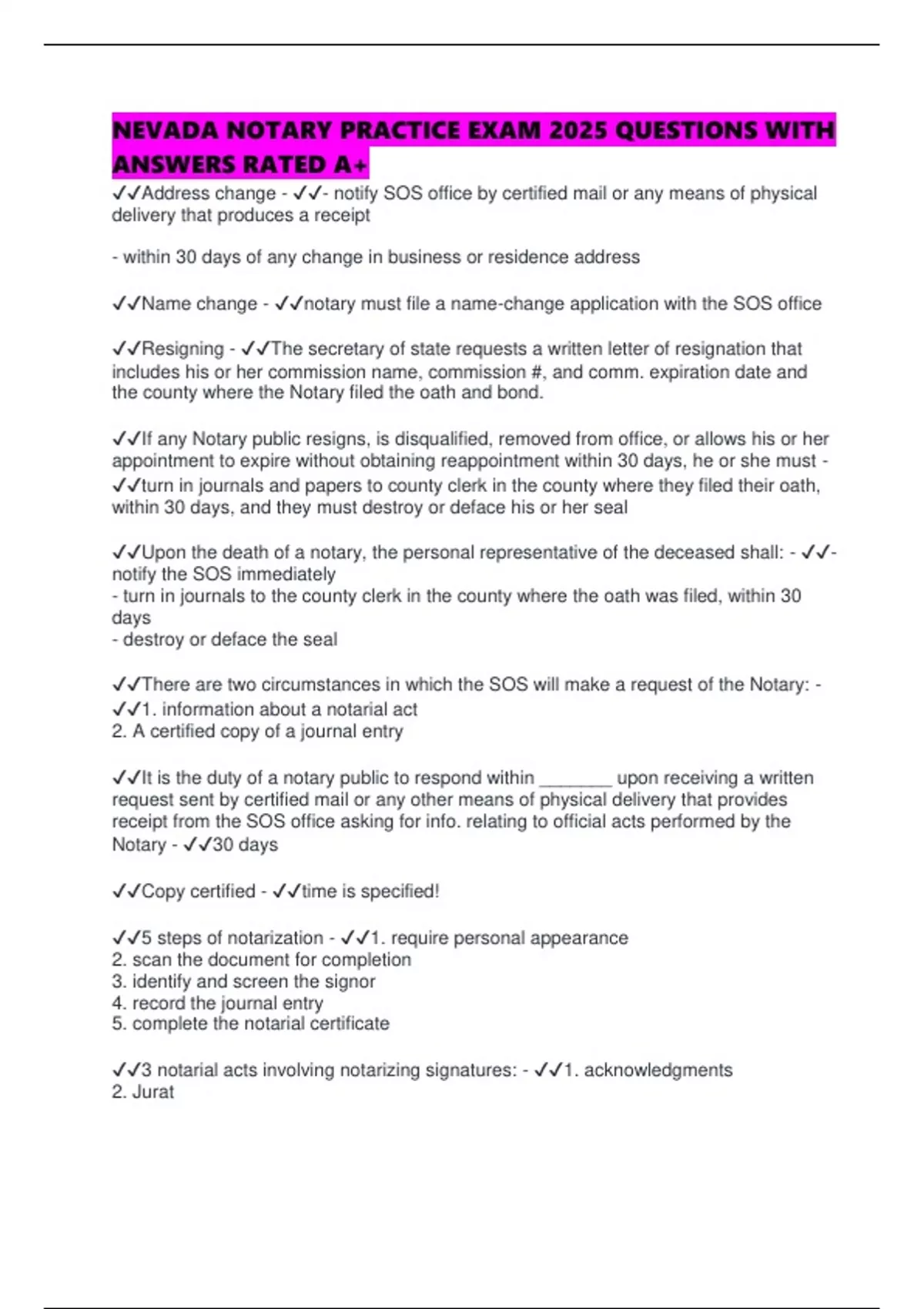 NEVADA NOTARY PRACTICE EXAM 2025 QUESTIONS WITH ANSWERS RATED A+ ...