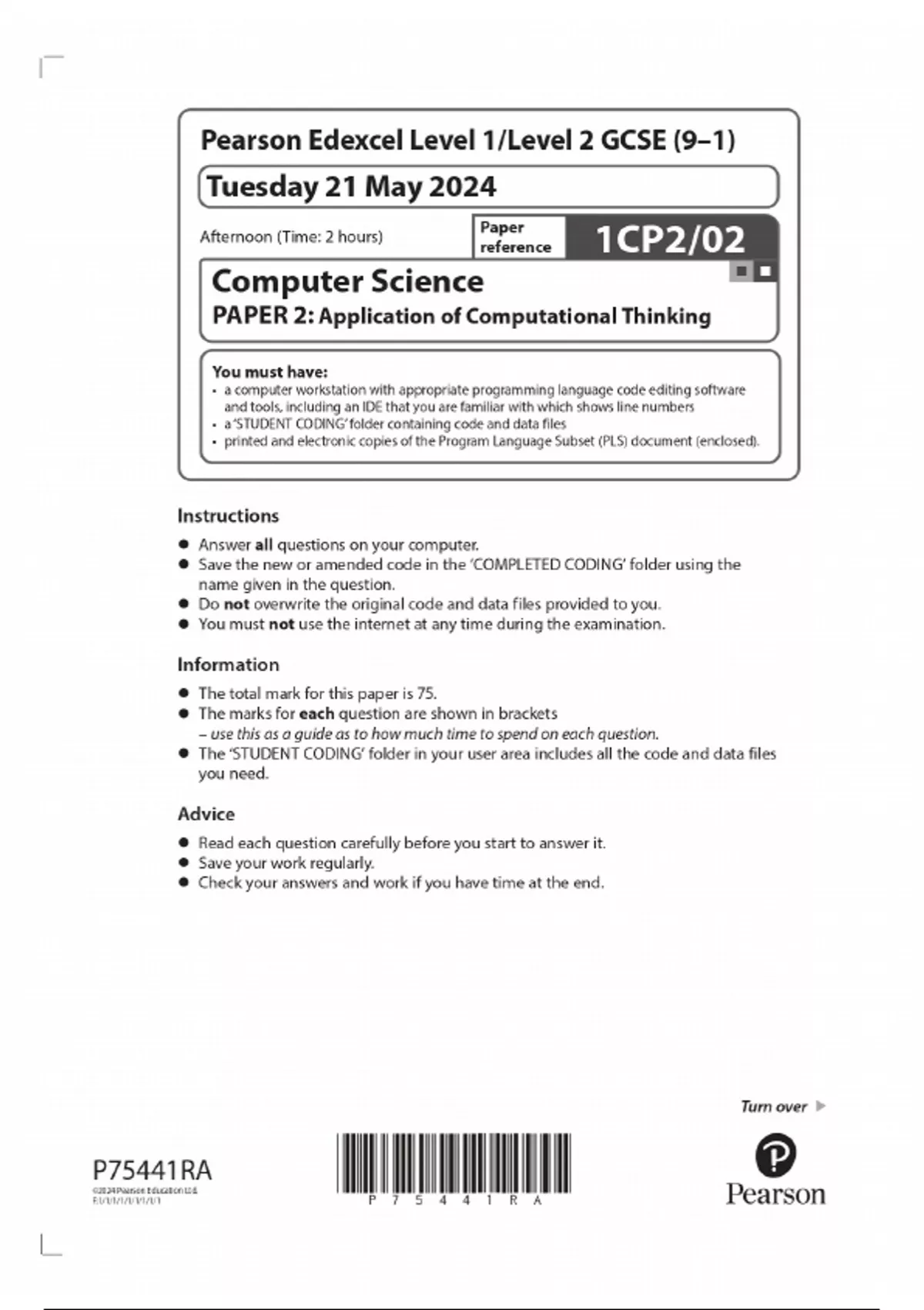 2024 GCSE Pearson Edexcel Level 1/Level 2 GCSE (9–1) Computer Science PAPER 2: Application of ...