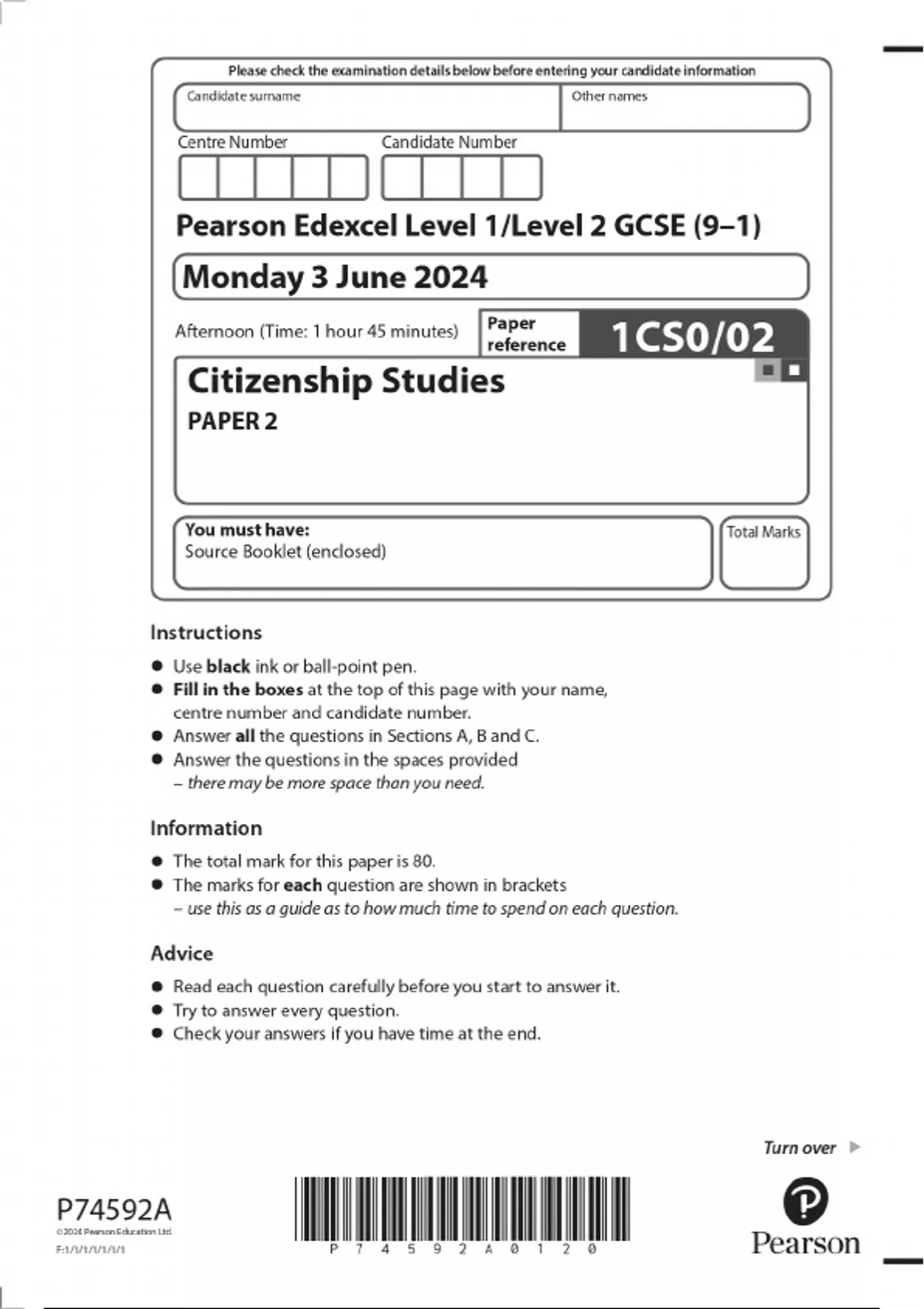 2024 GCSE Pearson Edexcel Level 1/Level 2 GCSE (9–1) Citizenship ...