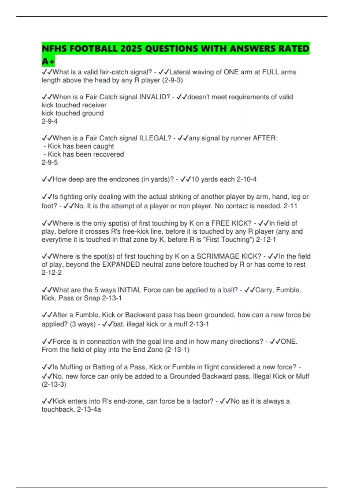 NFHS FOOTBALL 2025 QUESTIONS WITH ANSWERS RATED A+ - NFHS Football ...