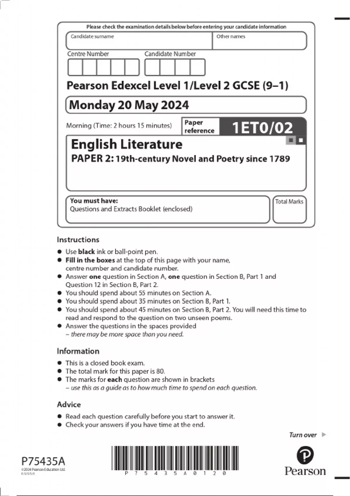 GCSE 2024 Pearson Edexcel Level 1/Level 2 GCSE (9–1) English Literature ...