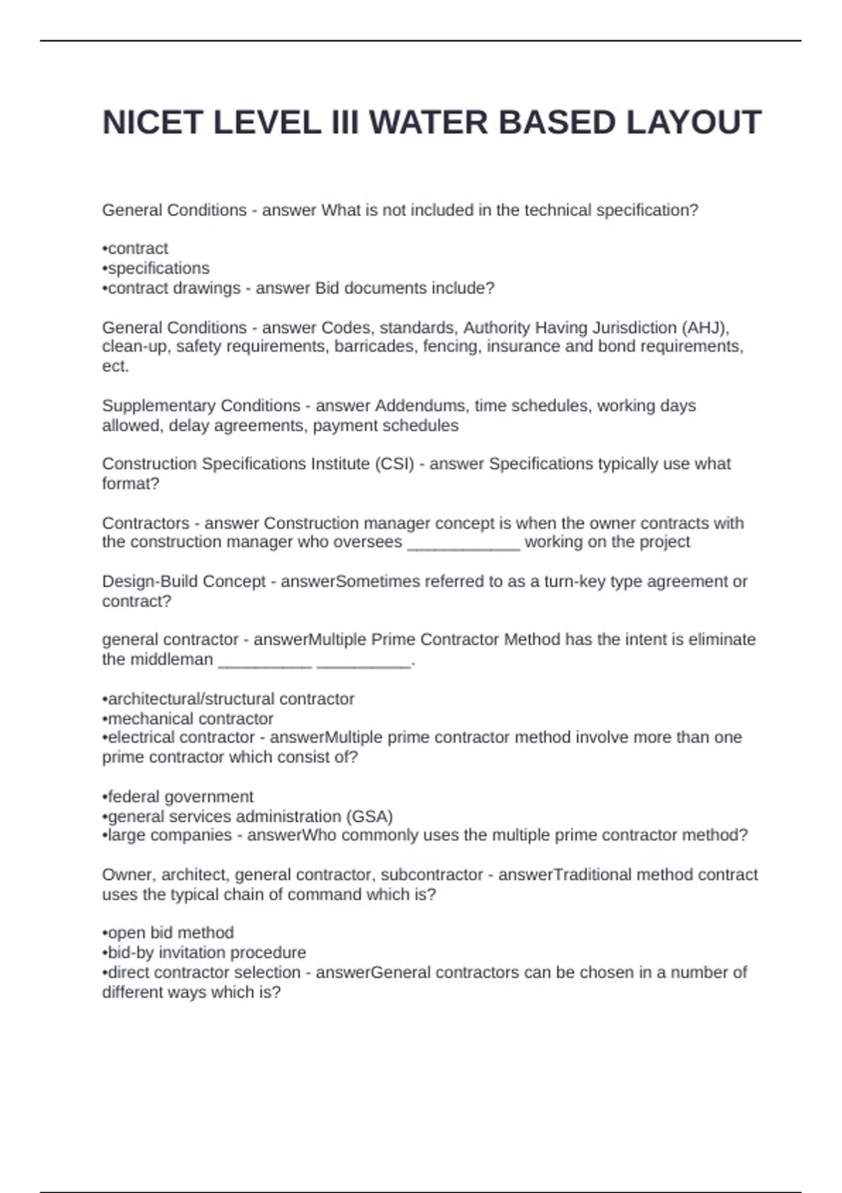 NICET LEVEL III WATER BASED LAYOUT QUESTIONS AND ANSWERS GRADED A+ ...