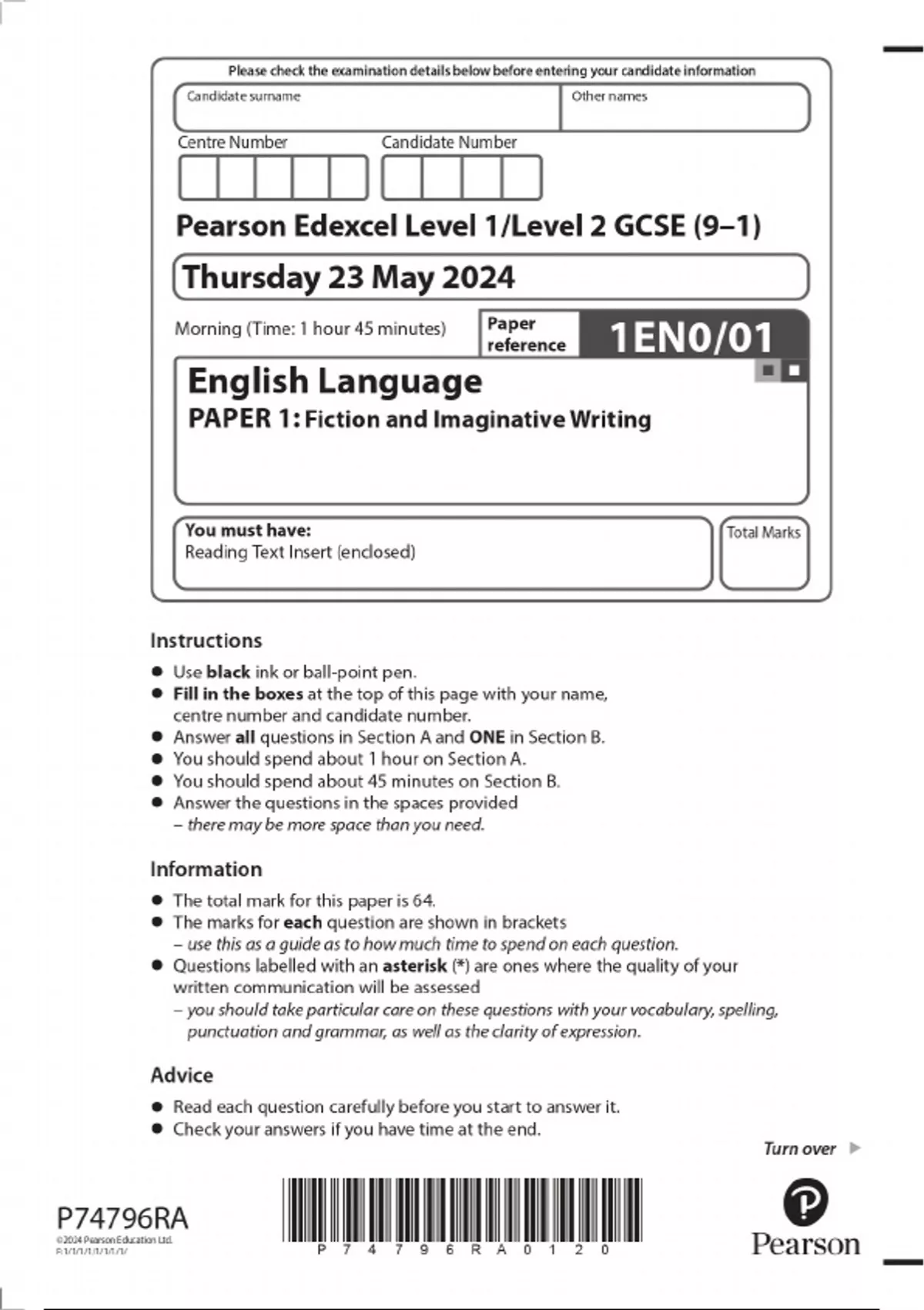 2024 GCSE Pearson Edexcel Level 1/Level 2 GCSE (9–1) English Language ...