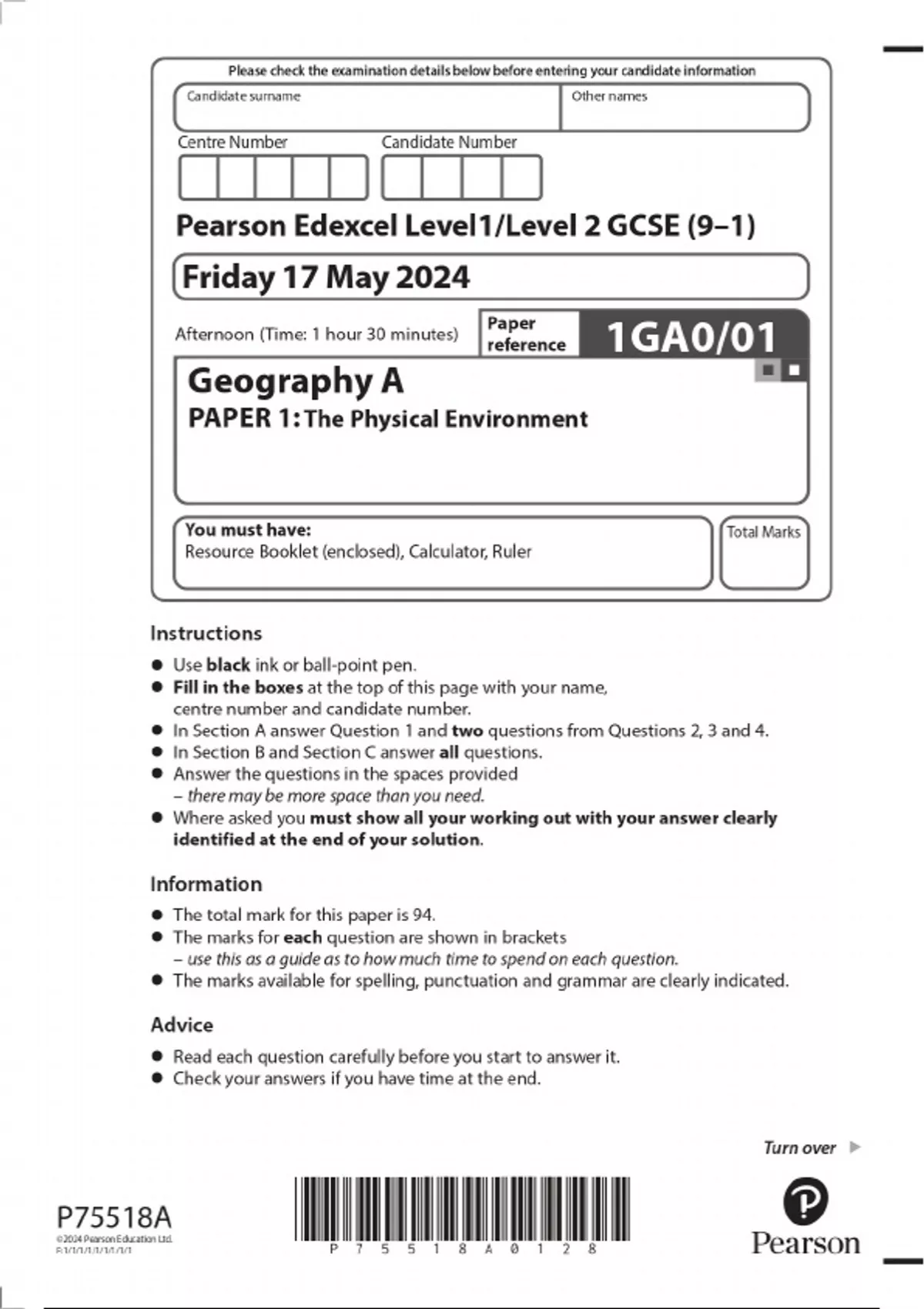 BUNDLE-::2024 Pearson Edexcel Level 1/Level 2 GCSE (9−1)Geography A ...