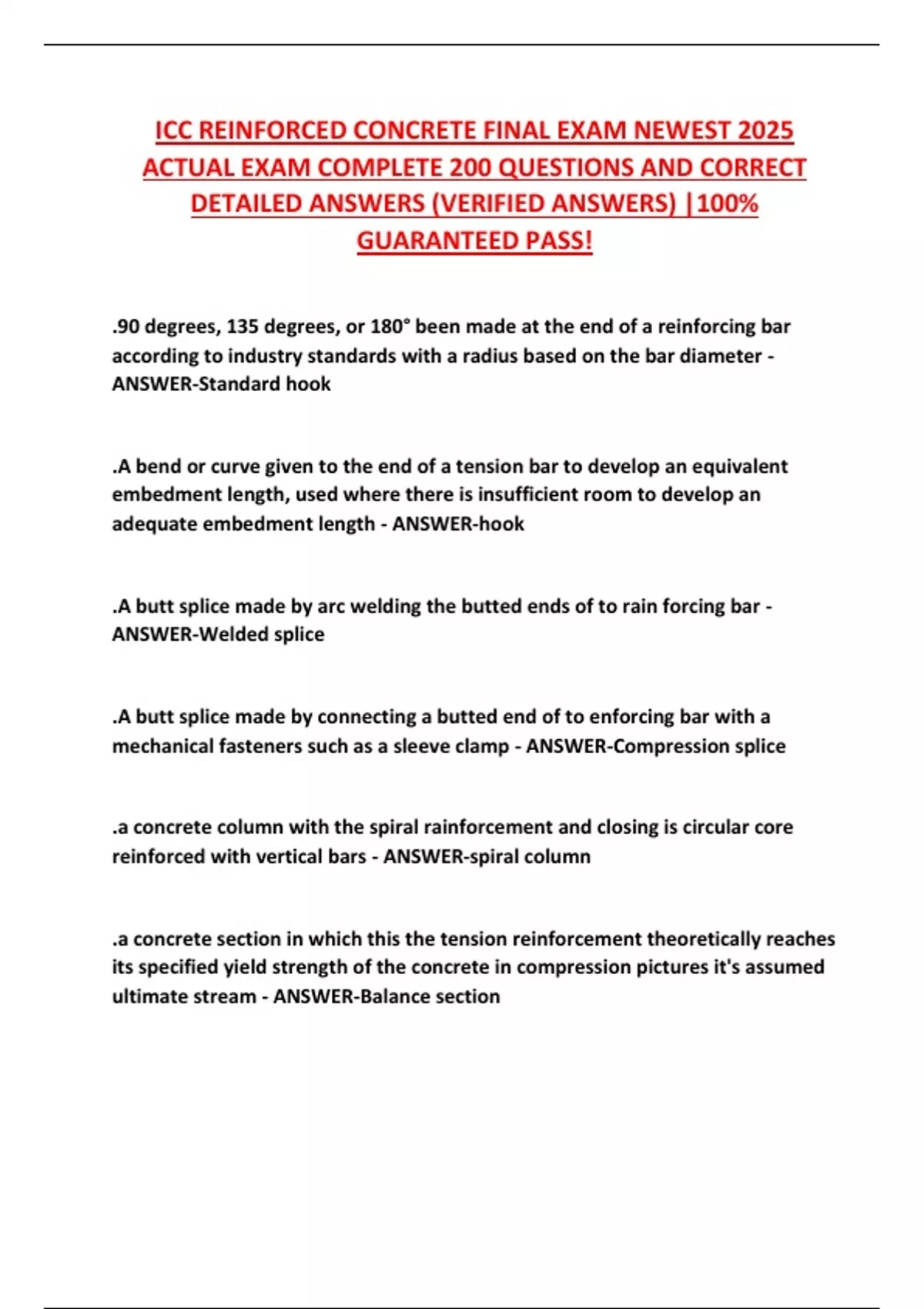 ICC REINFORCED CONCRETE FINAL EXAM NEWEST 2025 ACTUAL EXAM COMPLETE 200 QUESTIONS AND CORRECT ...