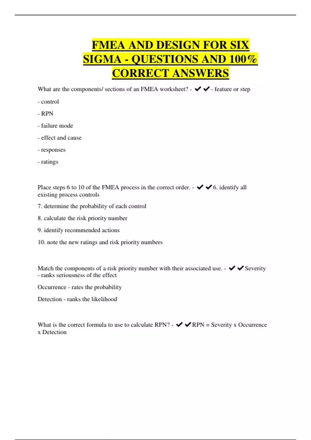 FMEA AND DESIGN FOR SIX SIGMA - QUESTIONS AND 100% CORRECT ANSWERS ...