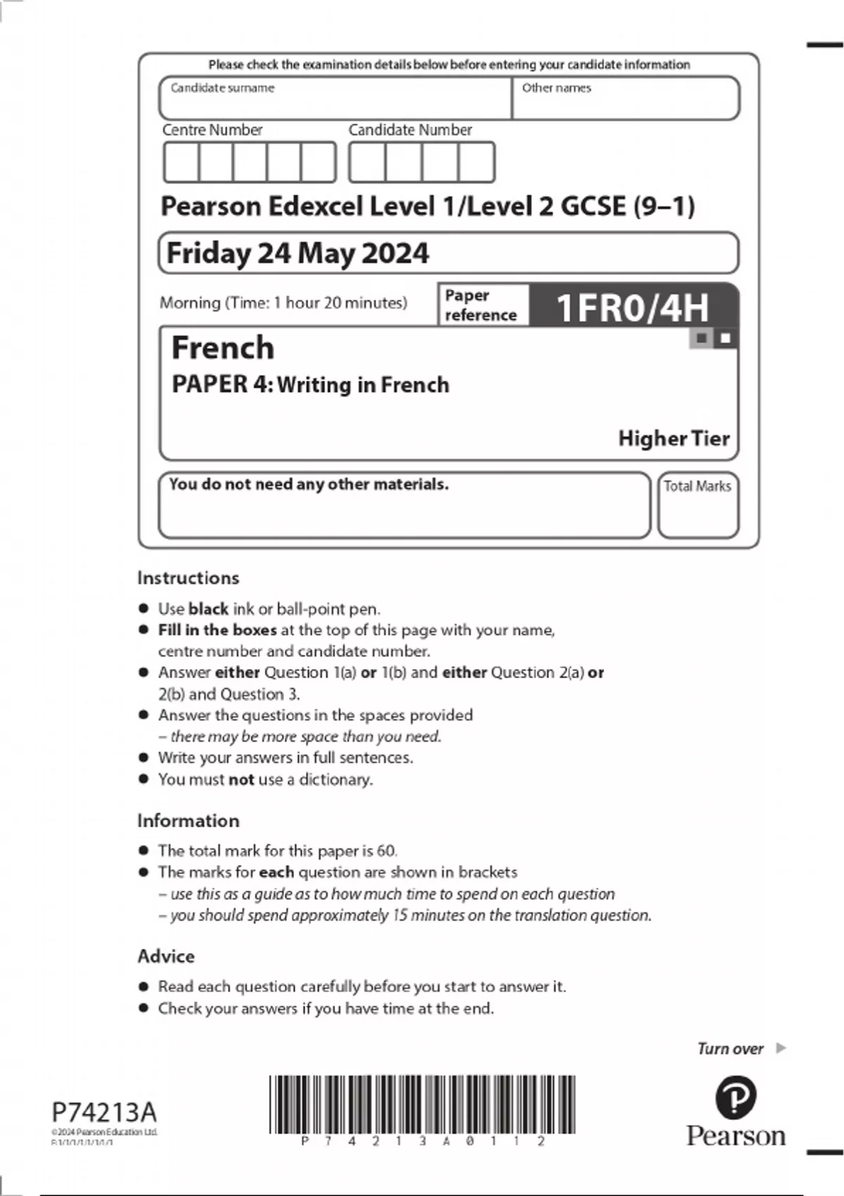 2024 GCSE Pearson Edexcel Level 1/Level 2 GCSE (9–1)French PAPER 4 ...