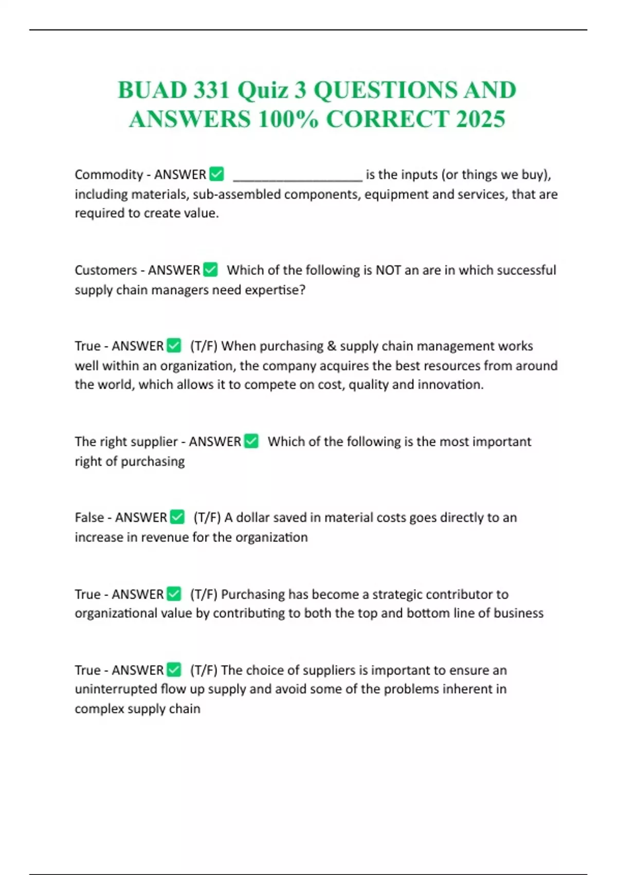 BUAD 331 Quiz 3 QUESTIONS AND ANSWERS 100% CORRECT 2025 - BUAD 331 ...