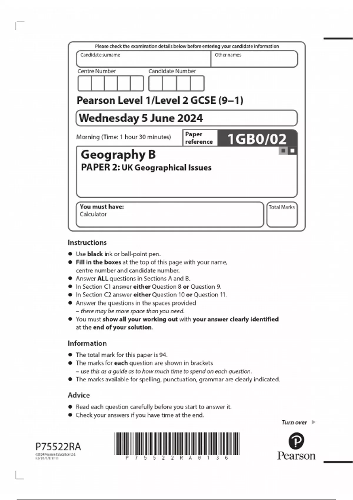 2024 GCSE Pearson Level 1/Level 2 GCSE (9−1) Geography B PAPER 2: UK ...