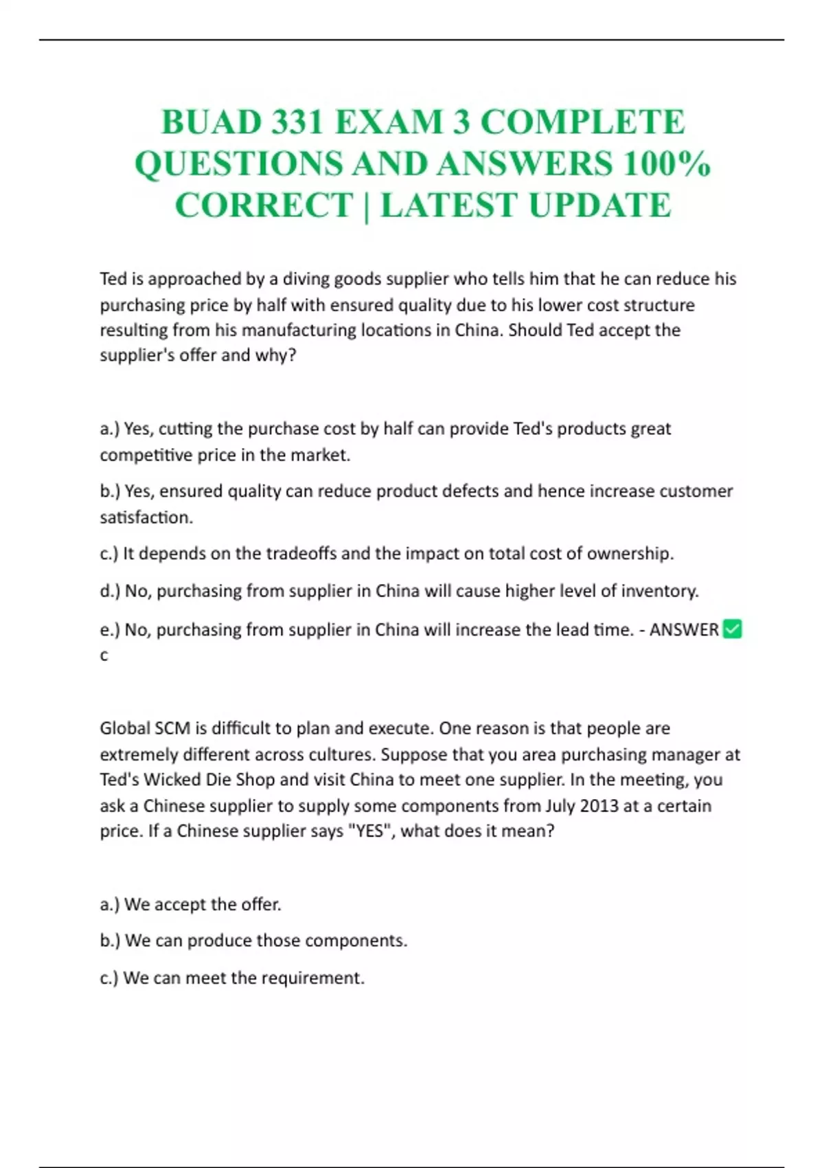 BUAD 331 EXAM 3 COMPLETE QUESTIONS AND ANSWERS 100% CORRECT | LATEST ...