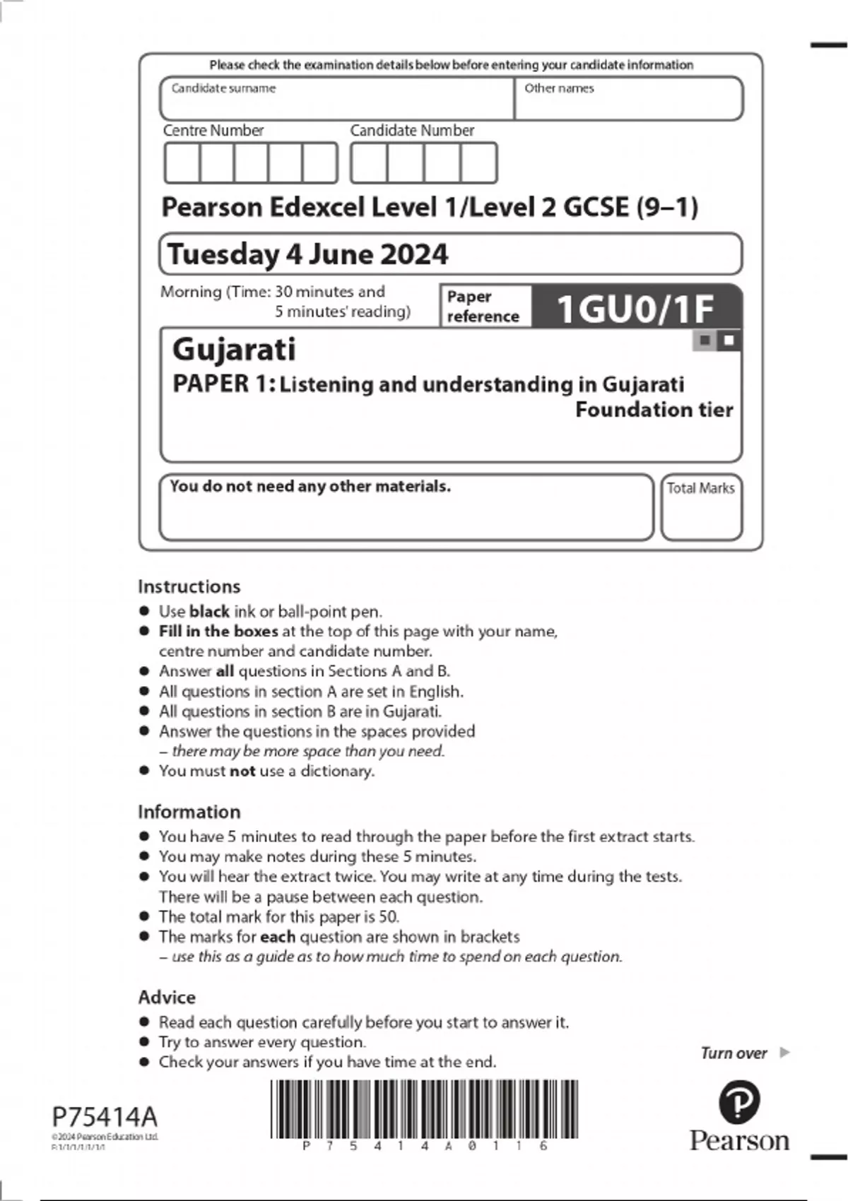 2024 GCSE Pearson Edexcel Level 1/Level 2 GCSE (9–1) Gujarati PAPER 1 ...