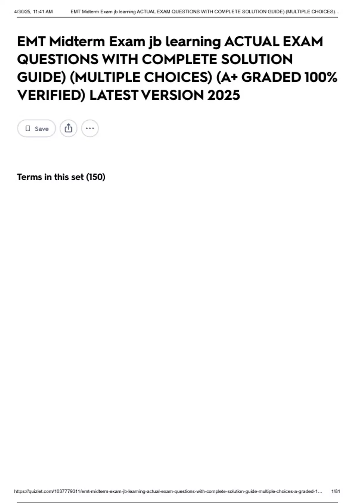 EMT Midterm Exam jb learning ACTUAL EXAM QUESTIONS WITH COMPLETE SOLUTION GUIDE) (MULTIPLE ...