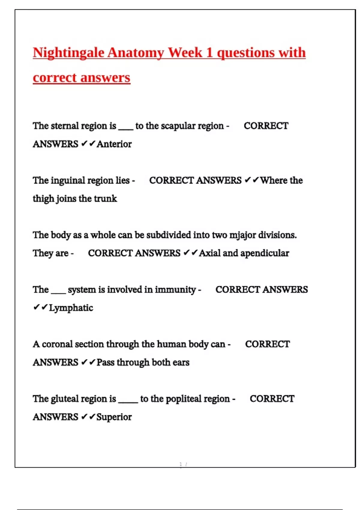 Nightingale Anatomy Week 1 questions with correct answers - Anatomy ...