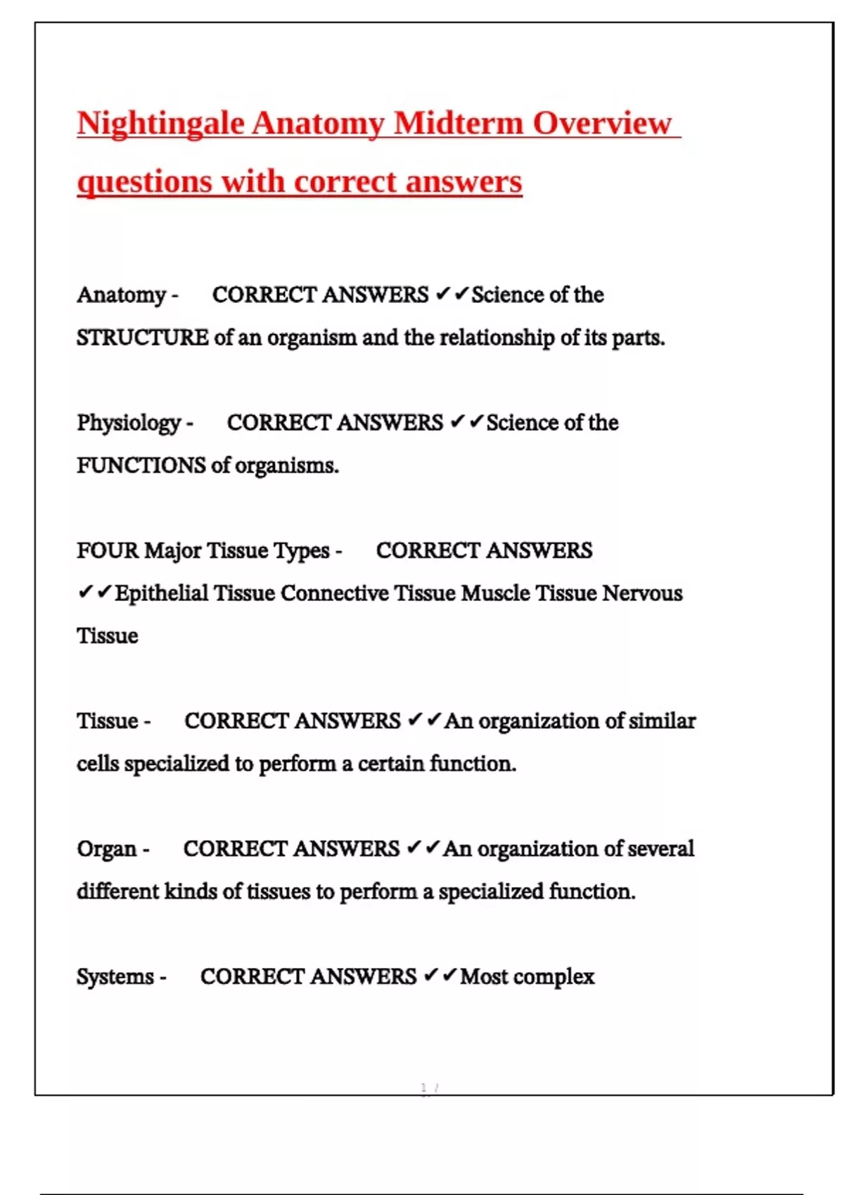 Nightingale Anatomy Midterm Overview questions with correct answers - Anatomy - Stuvia US