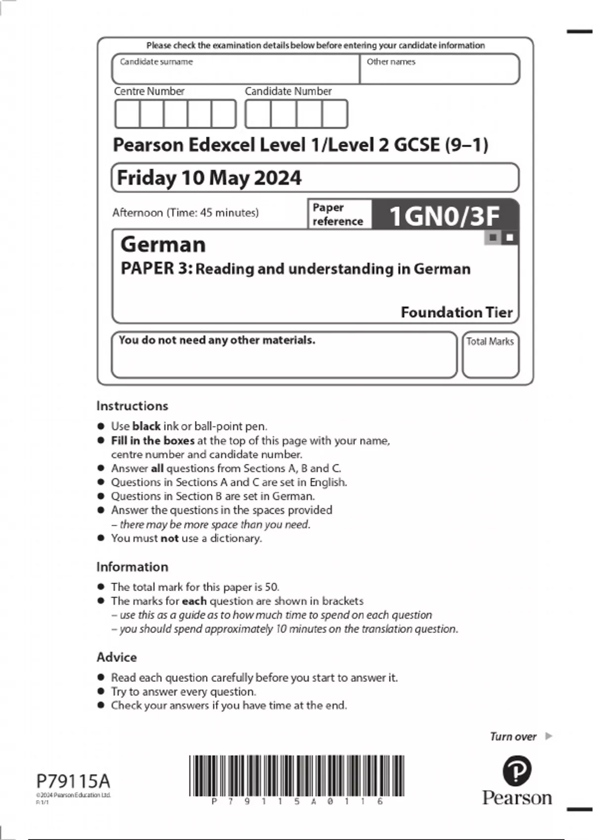 2024 GCSE Pearson Edexcel Level 1/Level 2 GCSE (9–1) German PAPER 3 ...