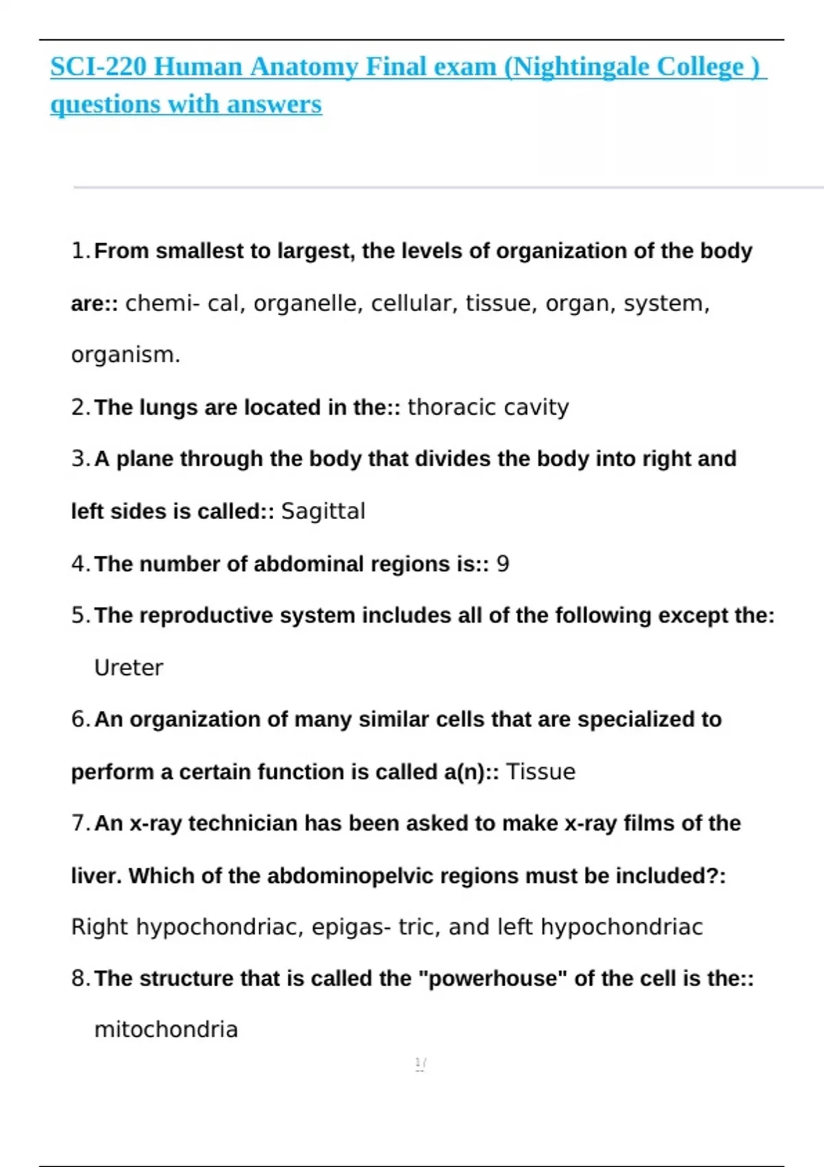 SCI-220 Human Anatomy Final exam (Nightingale College ) questions with ...