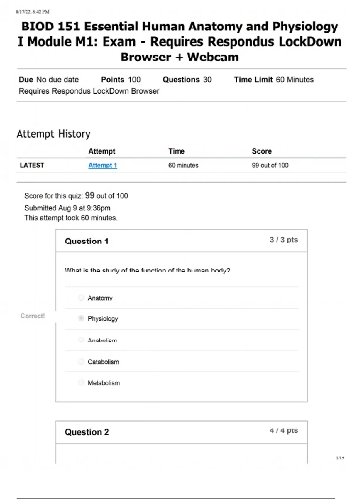 BIOD 151 Essential Human Anatomy and Physiology I Module M1: Exam - Requires Respondus LockDown ...